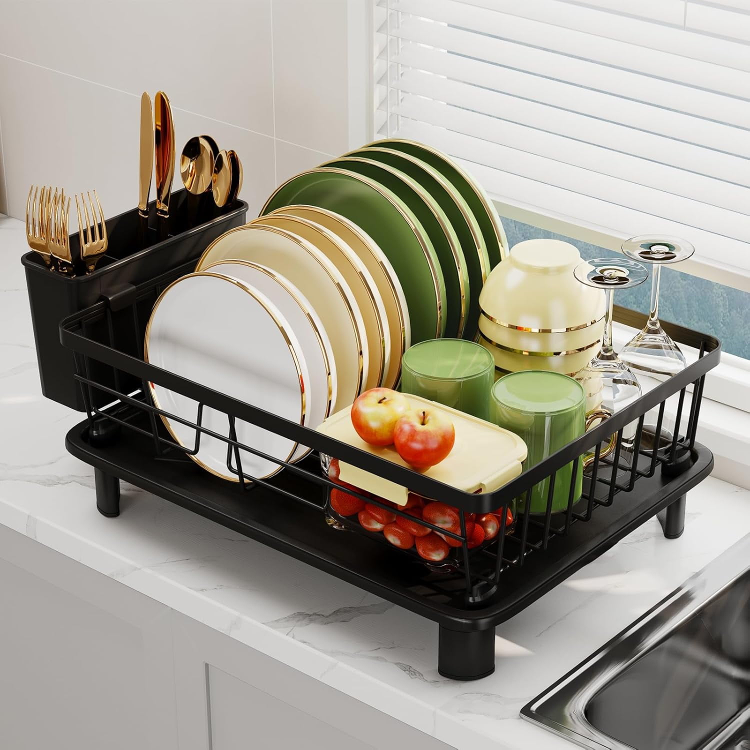 Dish Drainer Rack with Drip Tray, Sink Dish Drainer with Drainage Spout ...