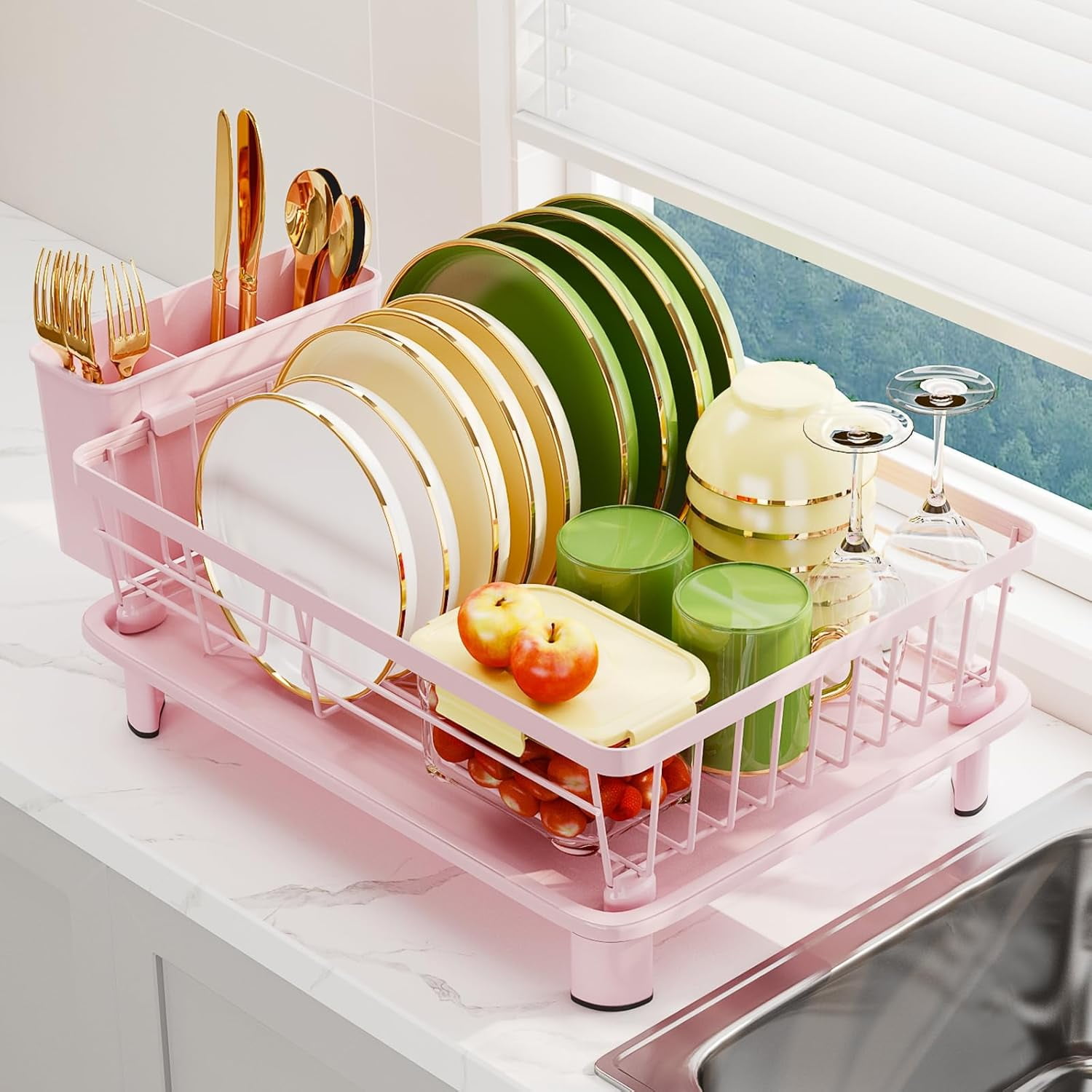 Dish Drainer Rack with Drip Tray, Sink Dish Drainer with Drainage Spout ...