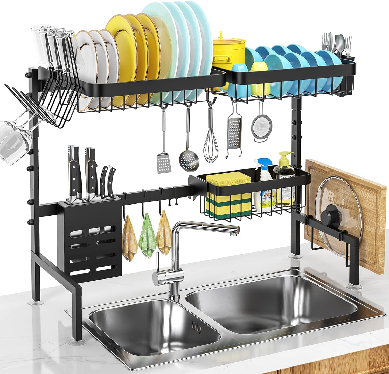 Dish Drainer Rack Over Sink, 2 Tiers Adjustable Length (25.6-33.5 Inch ...