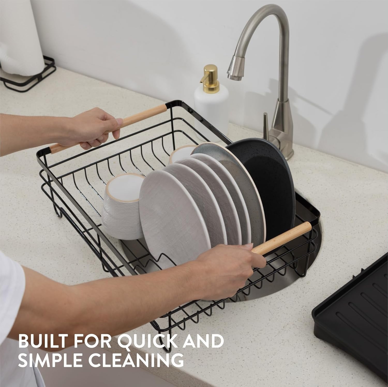 Dish Drainer Rack with Wooden Handle - Metal Draining Board with Drip ...