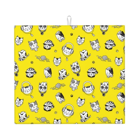 Dish Drying Mat, Abstract Lines Cartoon Cats Dogs Highly Absorbent ...