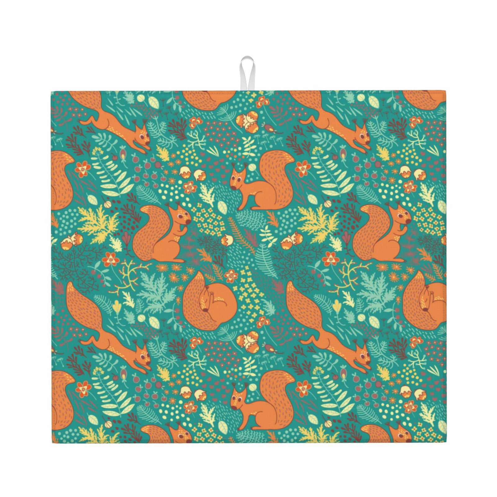 Dish Drying Mat, Bohemian Cute Squirrel Plant Highly Absorbent Drying ...