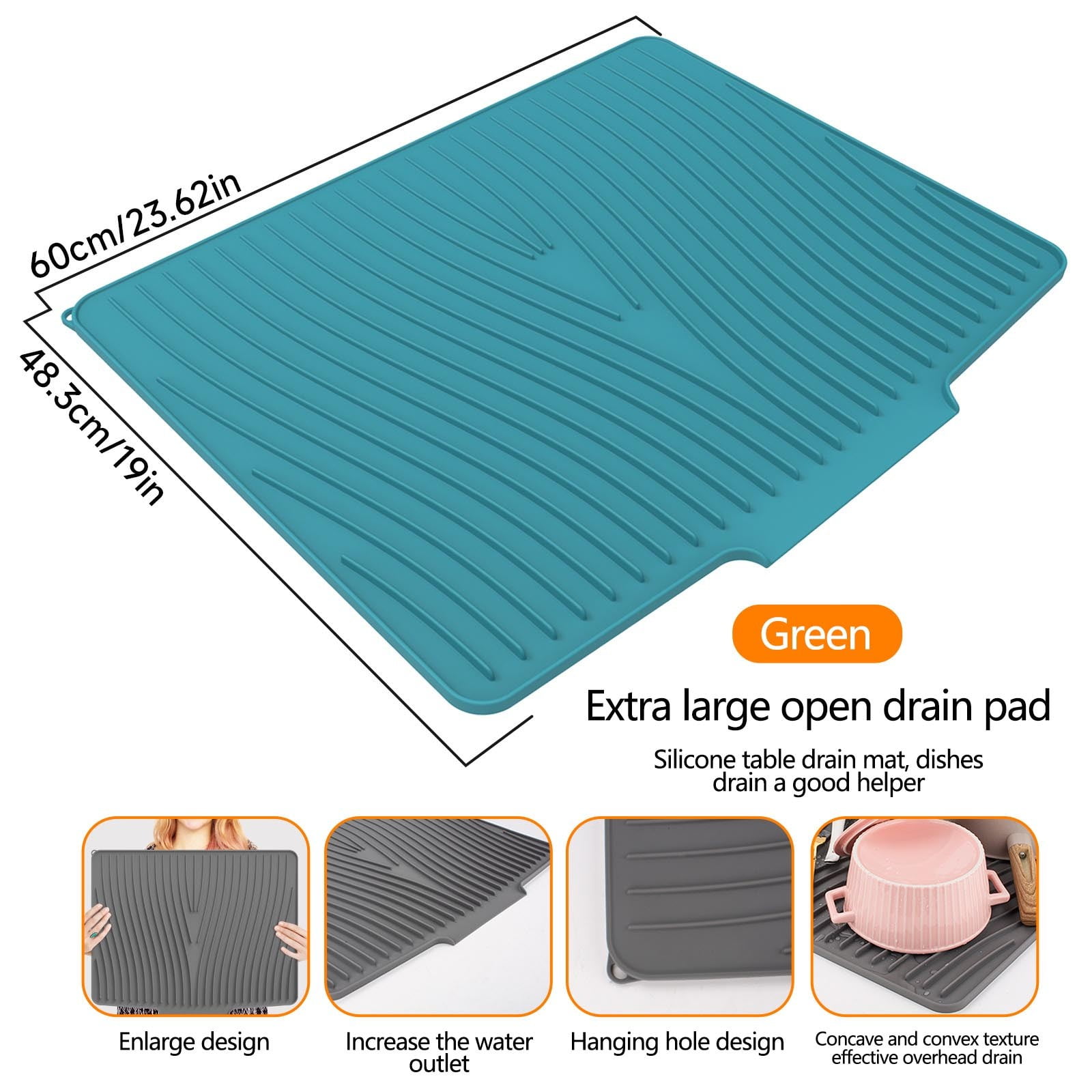 Dish Drying Mat with Bulged Edge Spout 24x19 Inch Silicone Mats for ...