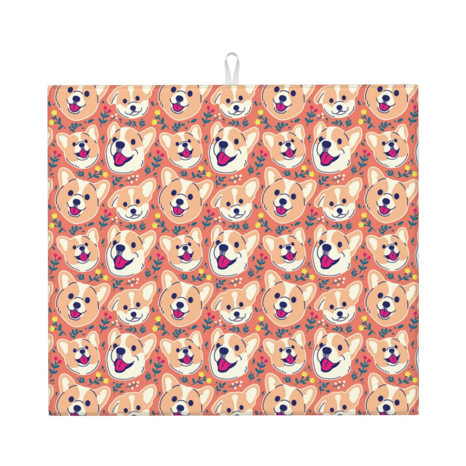 Dish Drying Mat, Corgi Head with Floal Highly Absorbent Drying Matt ...