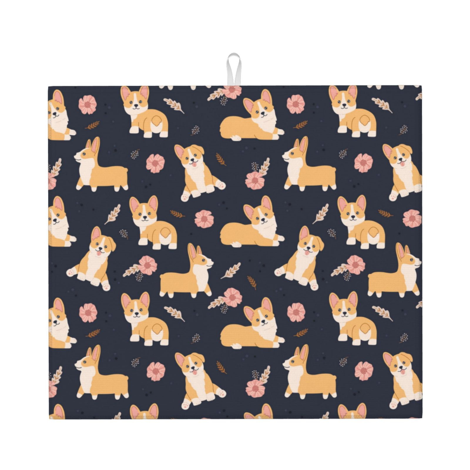 Dish Drying Mat, Cute Corgi Dog Flower Pink Highly Absorbent Drying ...
