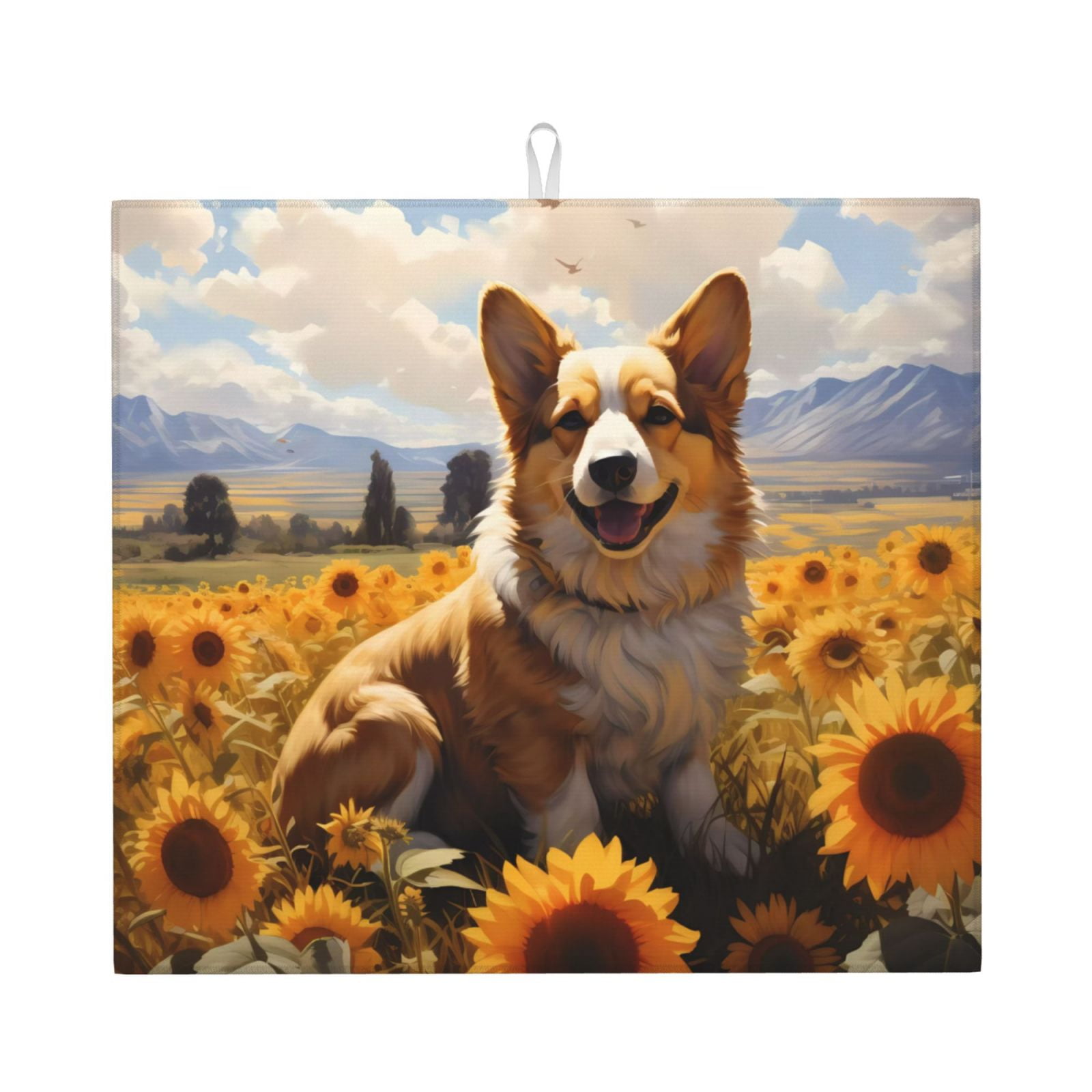 Dish Drying Mat, Cute Corgi Sunflower Highly Absorbent Drying Matt ...