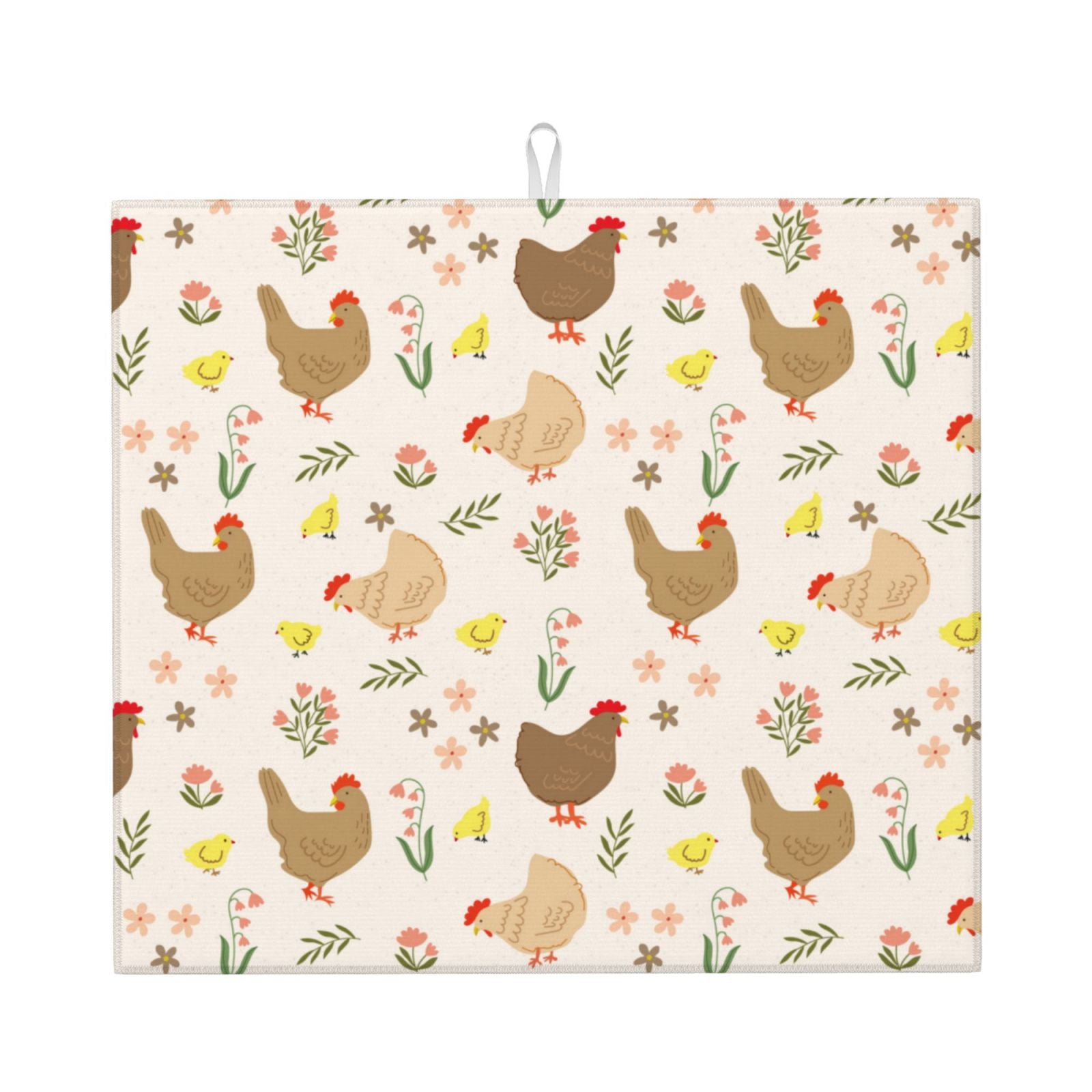 Dish Drying Mat, Hand Drawn Cute Chicken Flower Highly Absorbent Drying ...