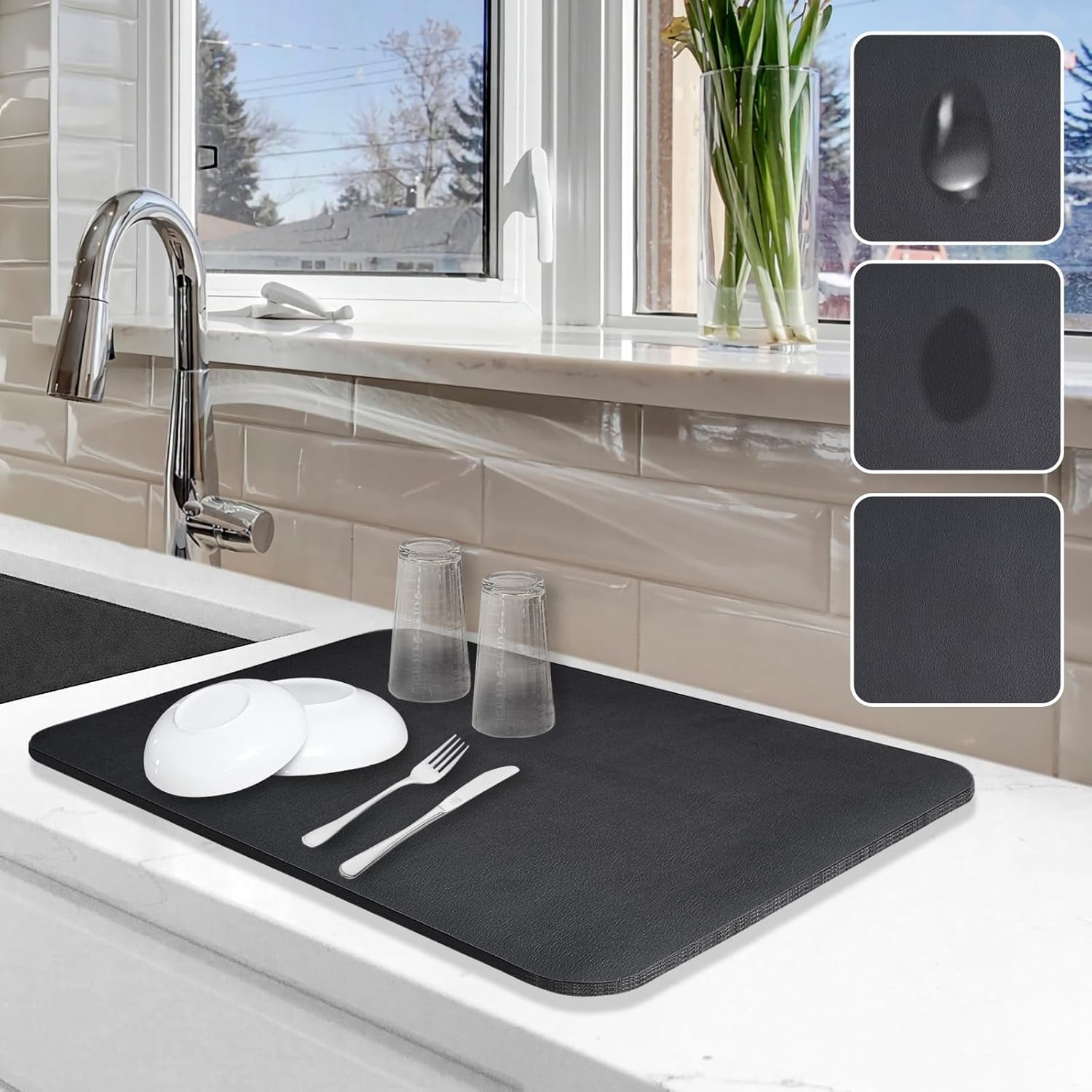 Dish Drying Mat for Kitchen Counter, 12"x19" Dish Drying Pad with Non ...