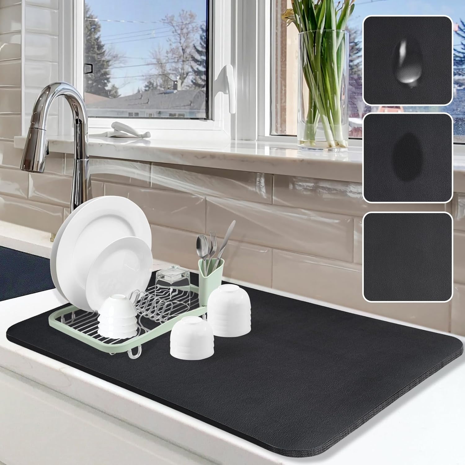 Dish Drying Mat for Kitchen Counter, 16"x24" Dish Drying Pad with Non ...