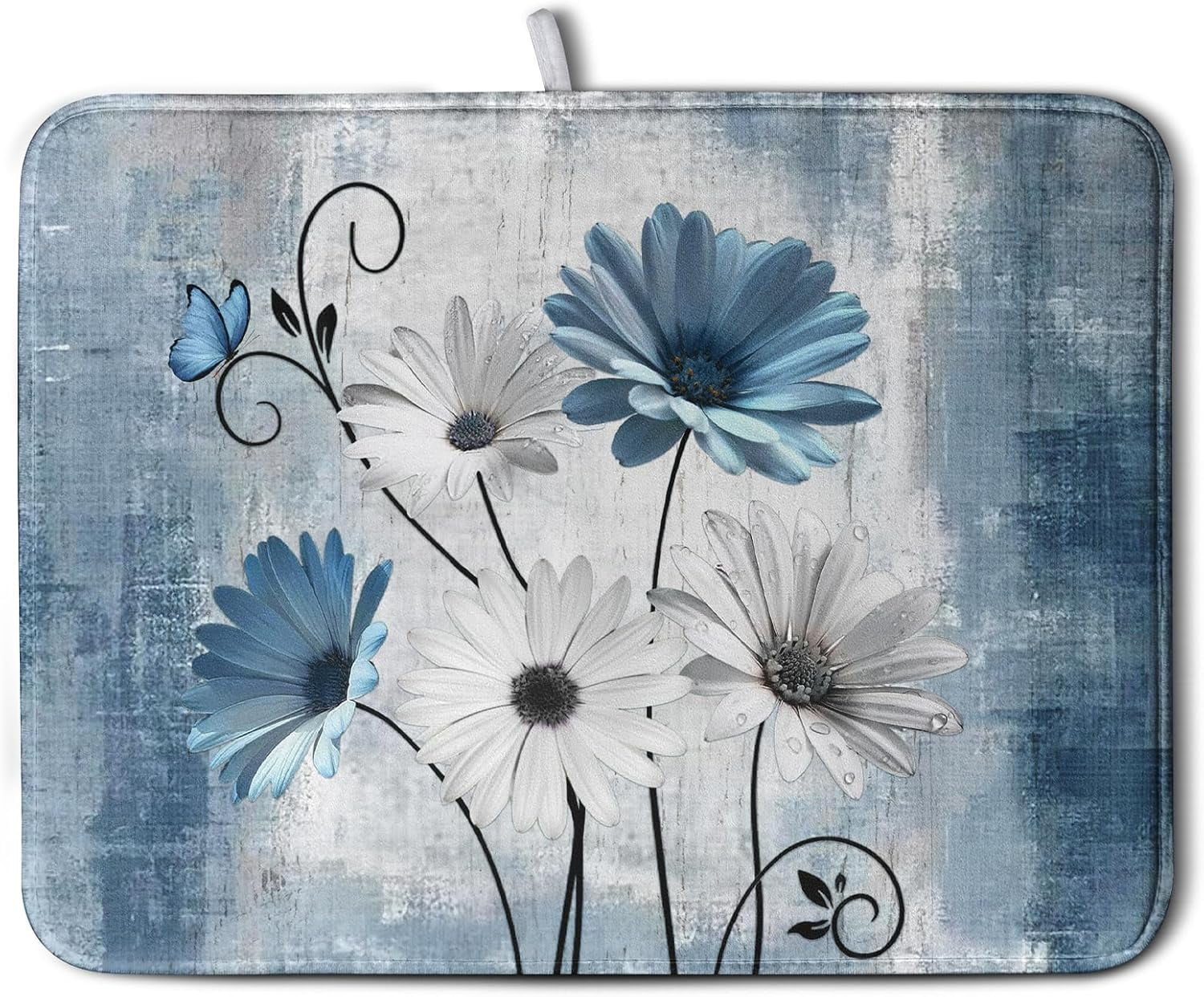 Dish Drying Mat for Kitchen Counter 18x24 Inch Blue Grey Daisy Drying ...