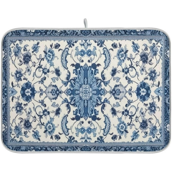 Dish Drying Mat Kitchen Counter Absorbent Blue and White Pattern Coffee ...