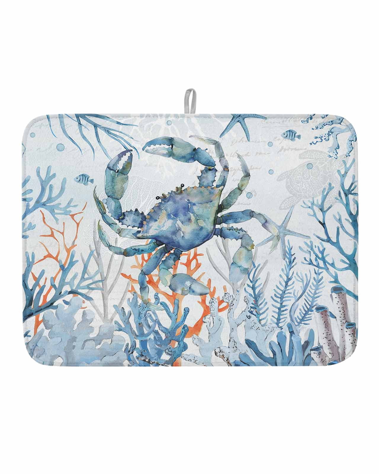 Dish Drying Mat for Kitchen Counter Blue Crab Drying Pad Absorbent ...