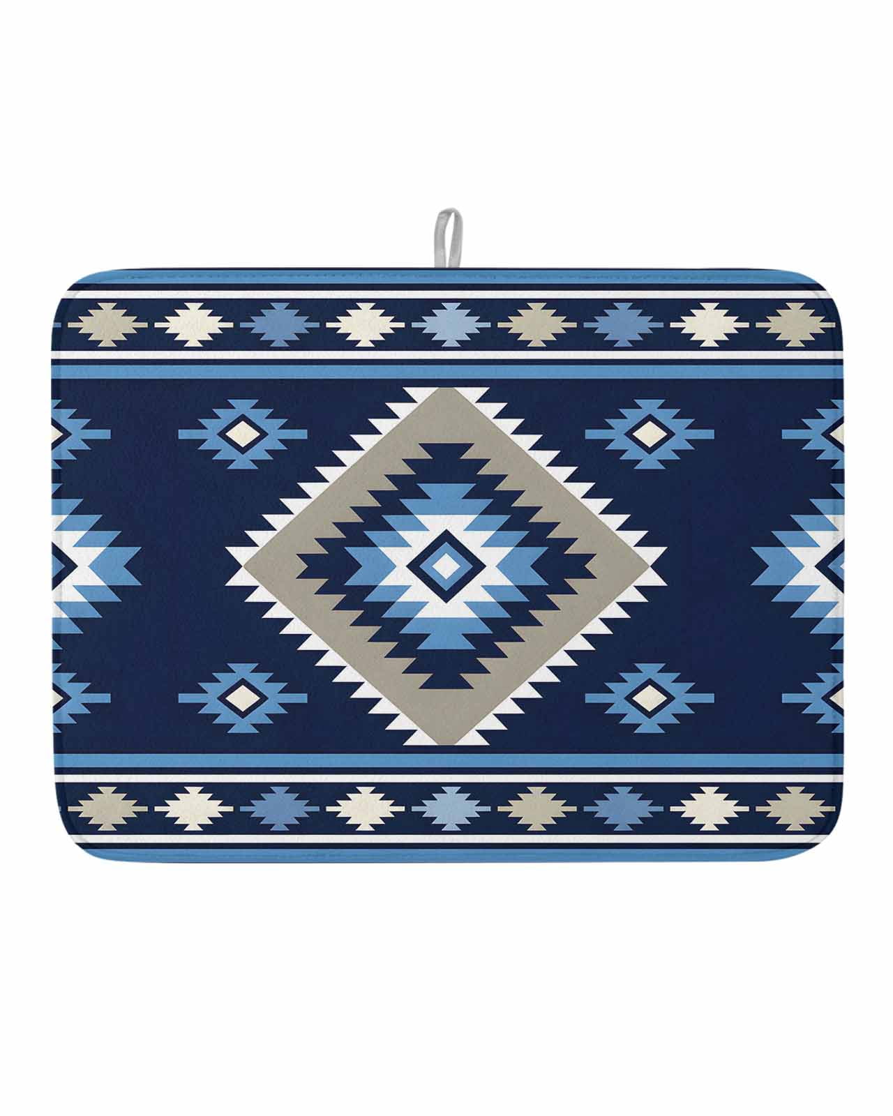 Dish Drying Mat for Kitchen Counter Blue Tribal Geometric Drying Pad ...