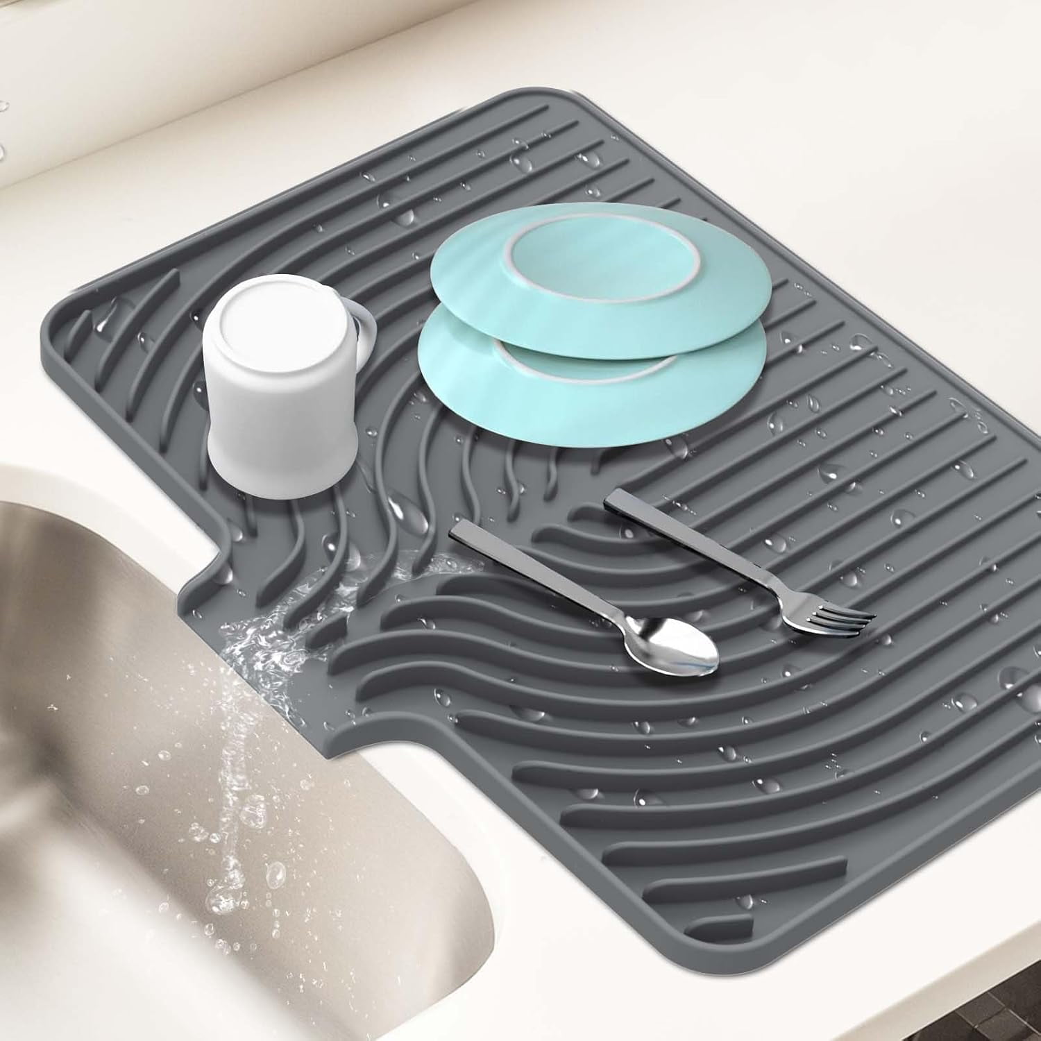 Dish Drying Mat for Kitchen Counter, with Built-in Drain Lip, Food ...