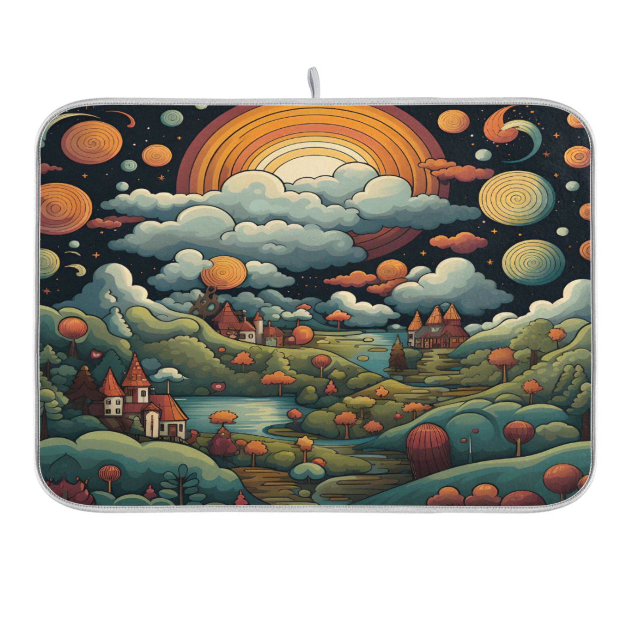 Dish Drying Mat Kitchen Counter Cartoon Town Landscape Dishes Drainer ...