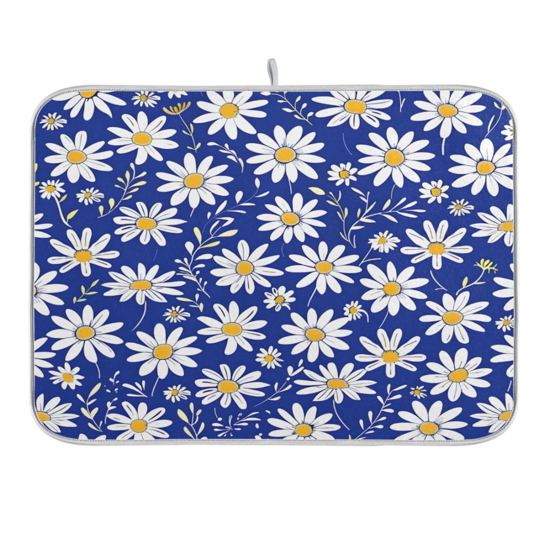 Dish Drying Mat Kitchen Counter Daisy Flowers and Leaves Dishes Drainer ...