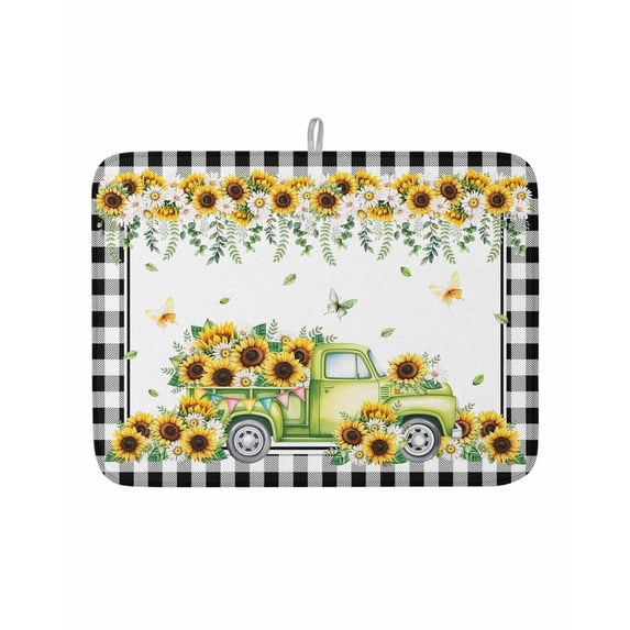 Dish Drying Mat for Kitchen Counter Green Truck Sunflower Drying Pad ...