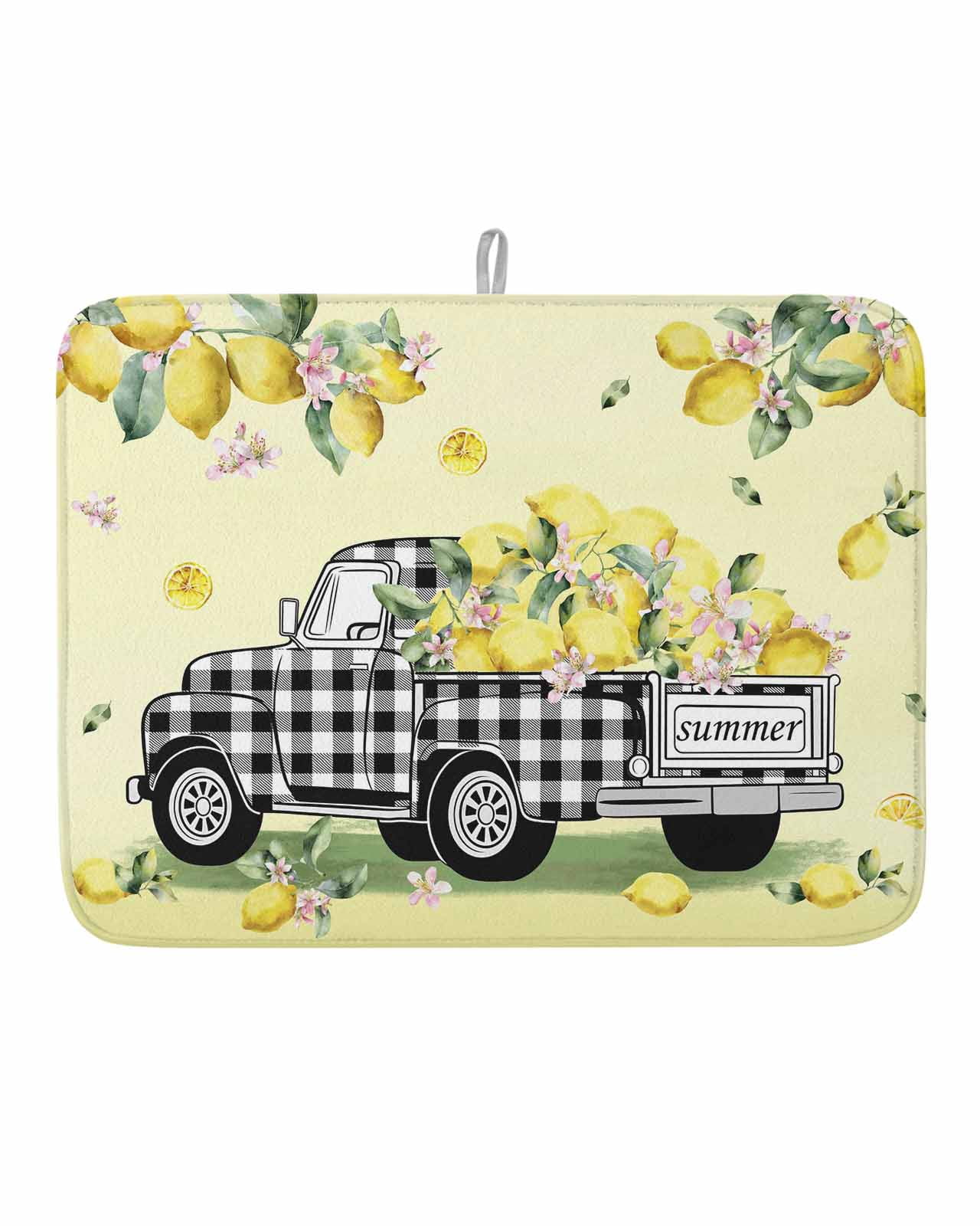 Dish Drying Mat for Kitchen Counter Lemon Plaid Truck Drying Pad ...