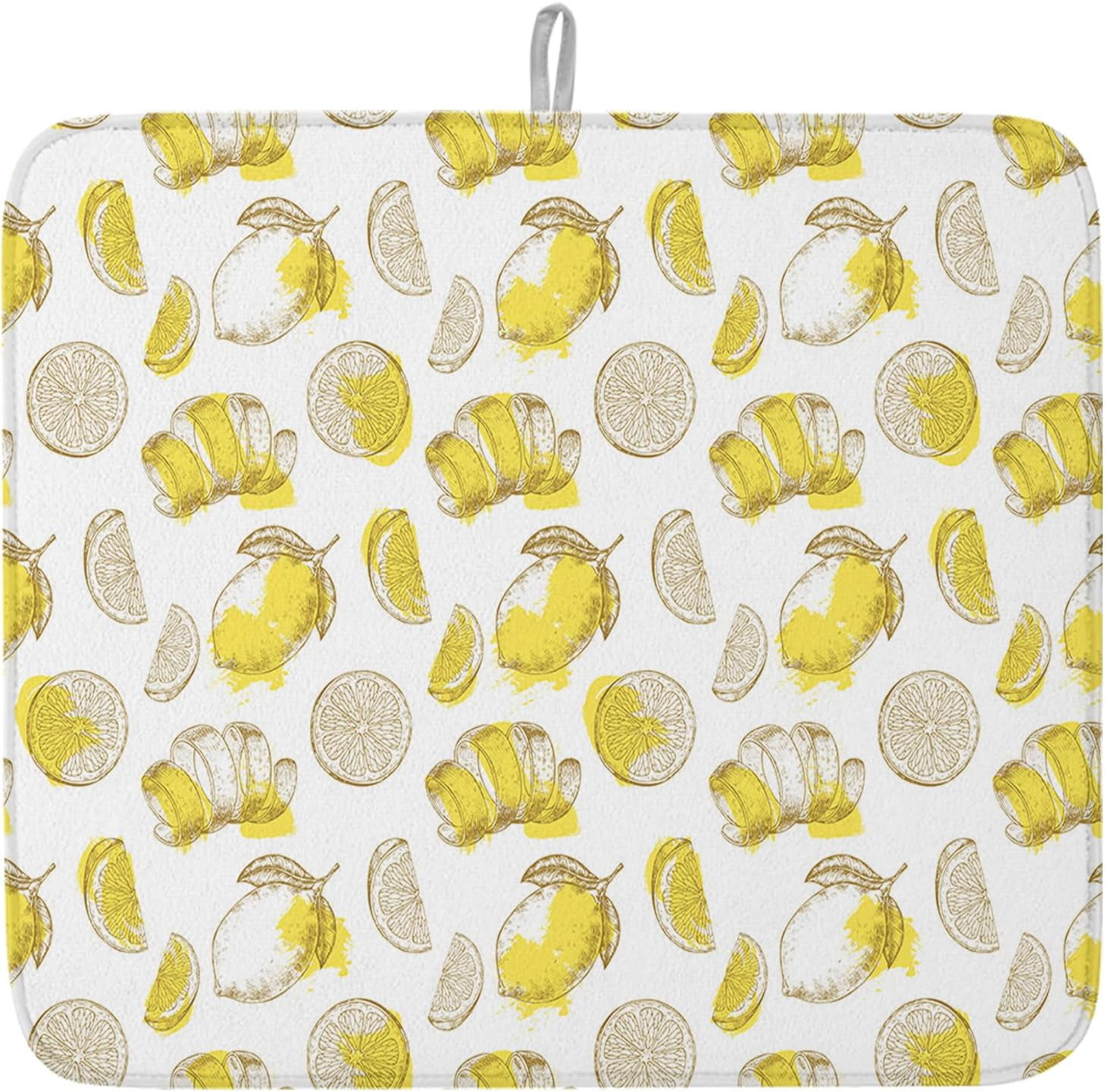 Dish Drying Mat for Kitchen Counter Lemon Sketch Drying Pad Absorbent ...