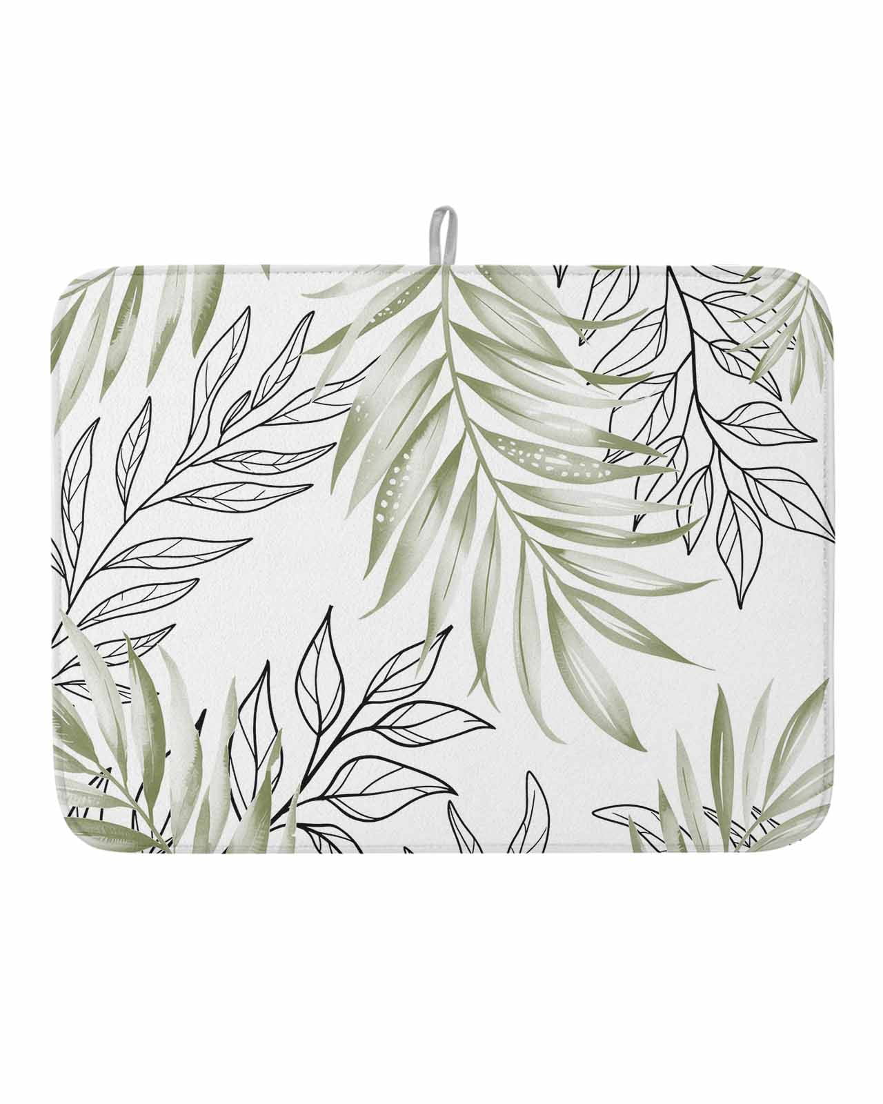 Dish Drying Mat for Kitchen Counter Sage Green Leaves Branch Drying Pad ...