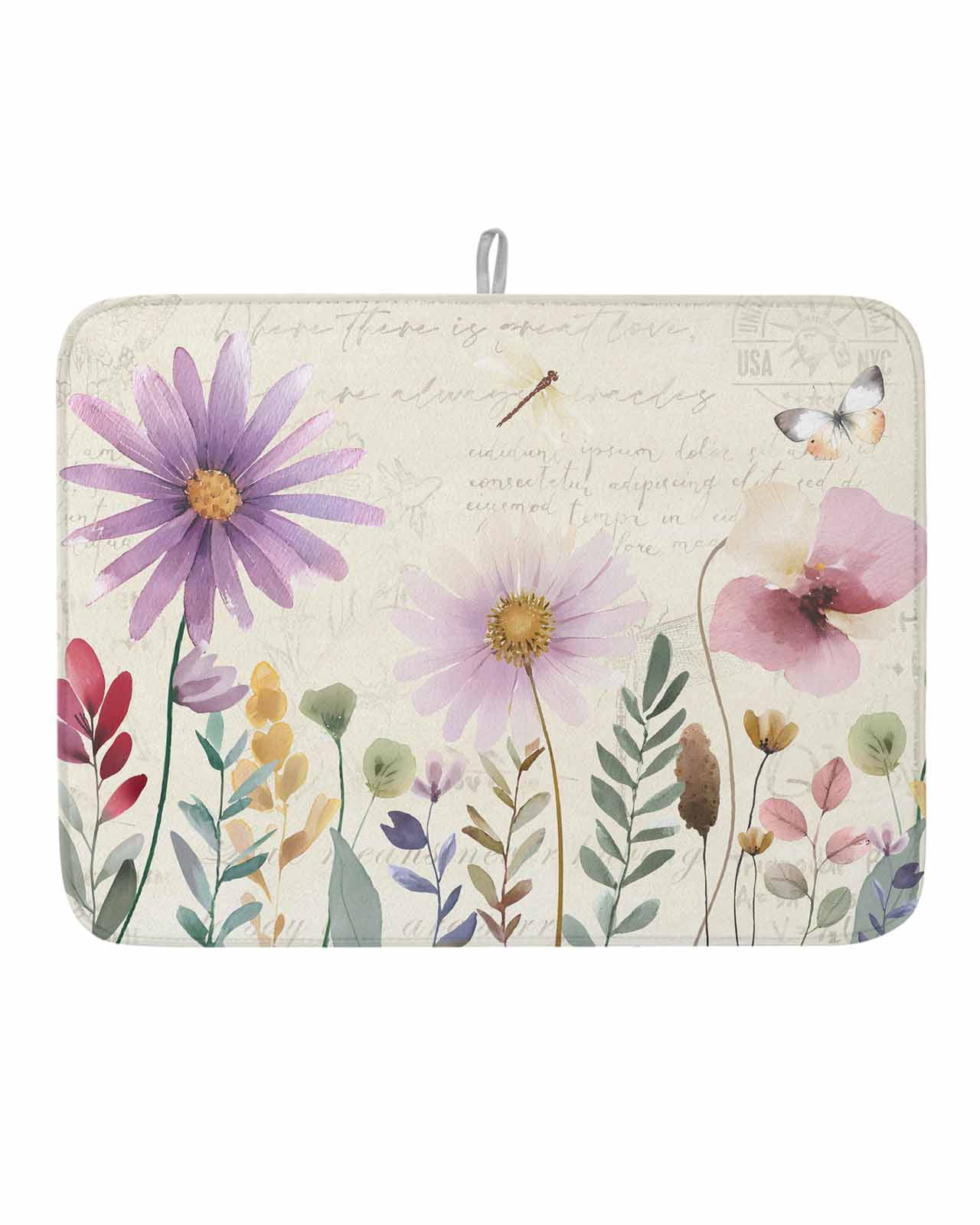 Dish Drying Mat for Kitchen Counter Spring Floral Drying Pad Absorbent ...