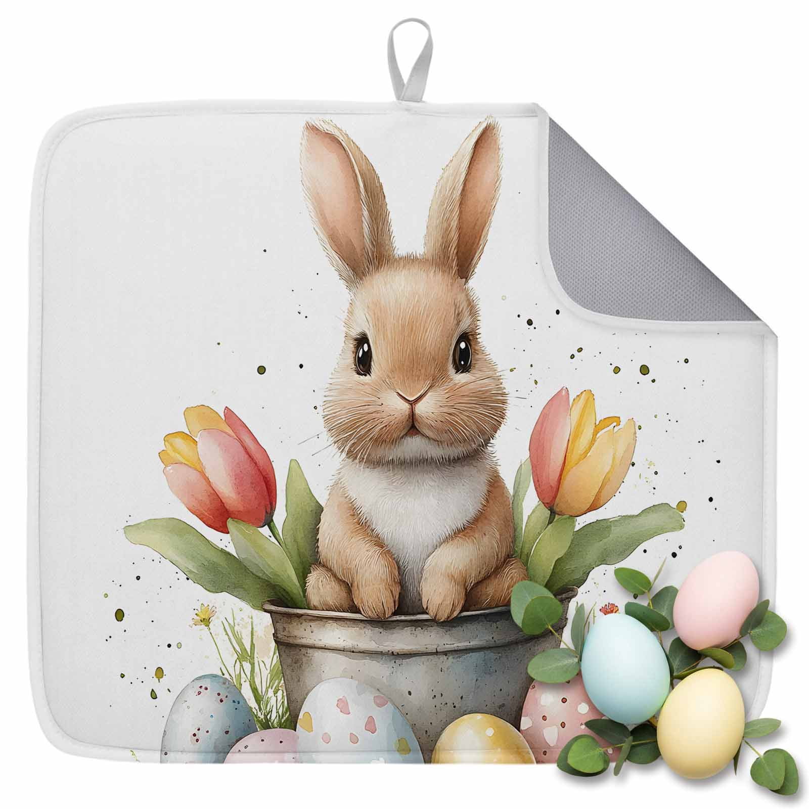 Dish Drying Mat for Kitchen Countertop, Bunny Egg Flower Absorbent ...