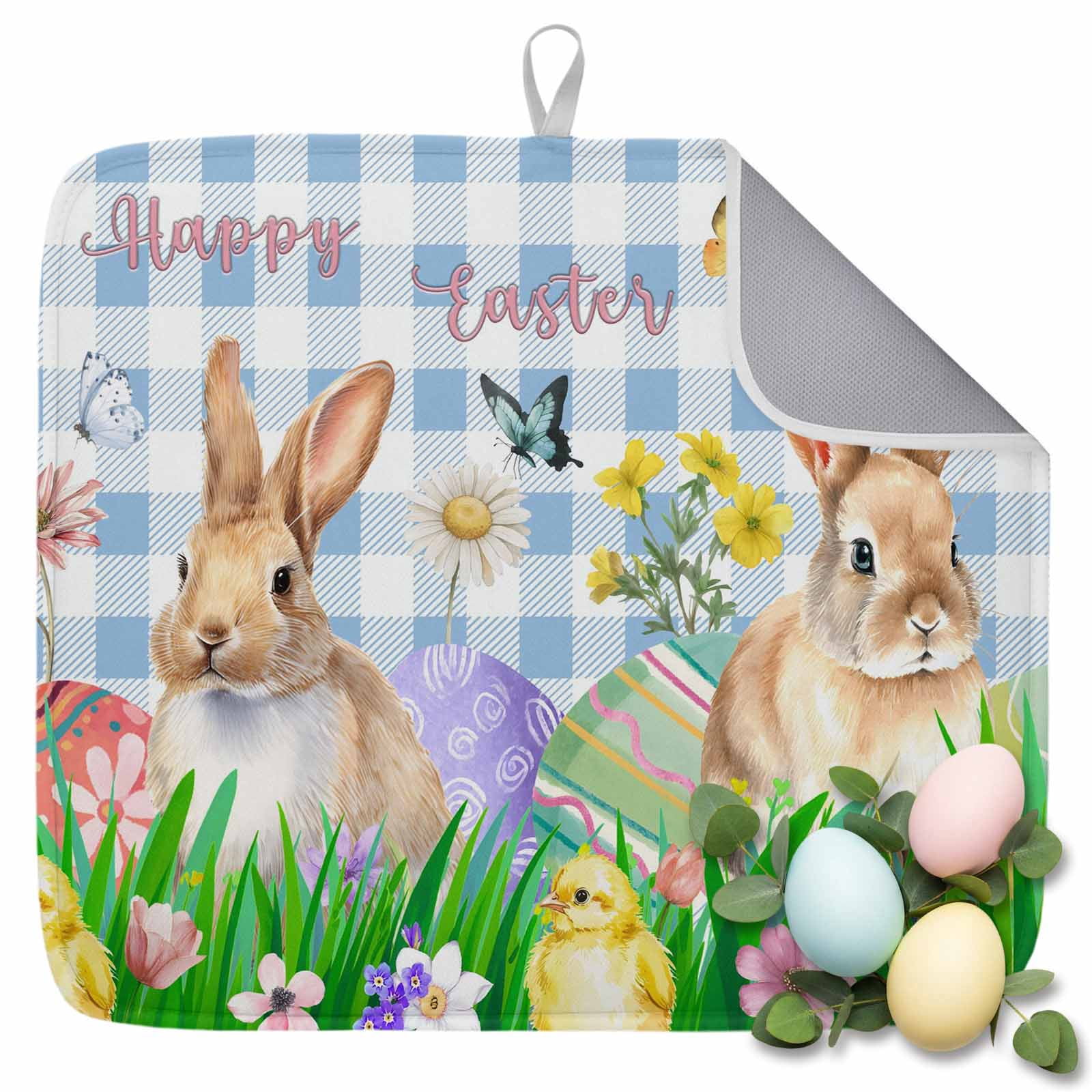 Dish Drying Mat for Kitchen Countertop, Easter Eggs Bunny Absorbent ...