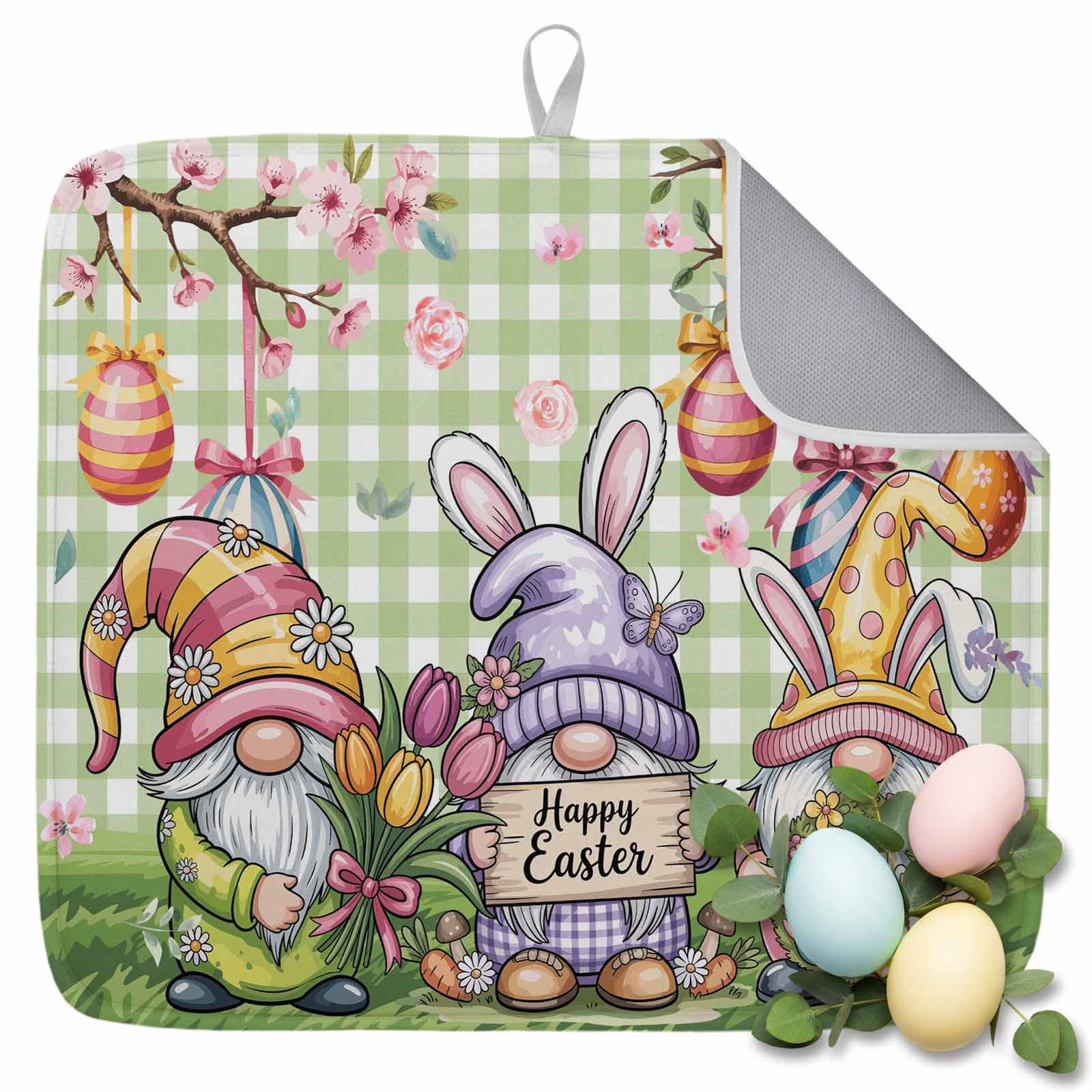 Dish Drying Mat for Kitchen Countertop, Easter Eggs Gnome Absorbent ...