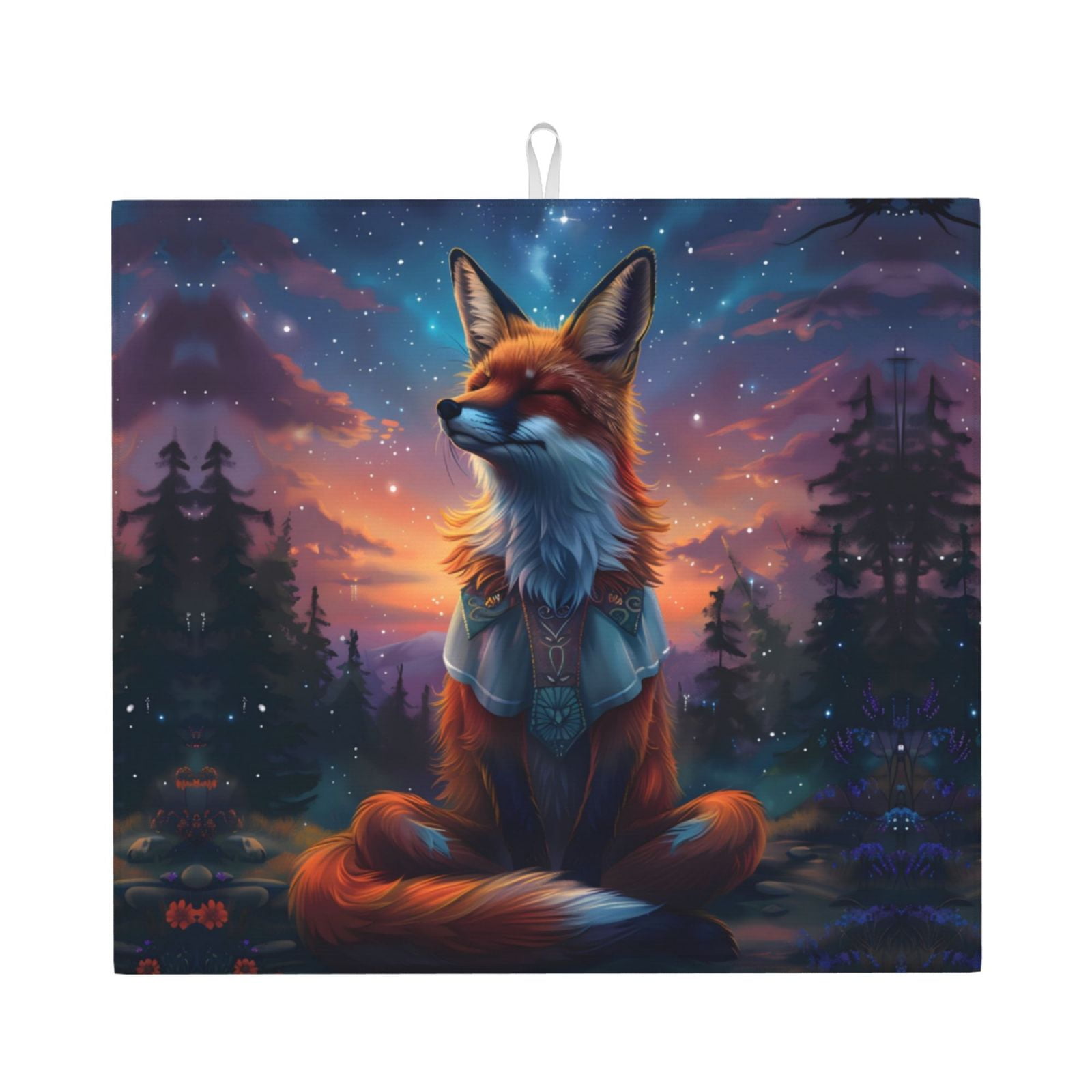 Dish Drying Mat, Starry Sky Meditating Fox Highly Absorbent Drying Matt ...