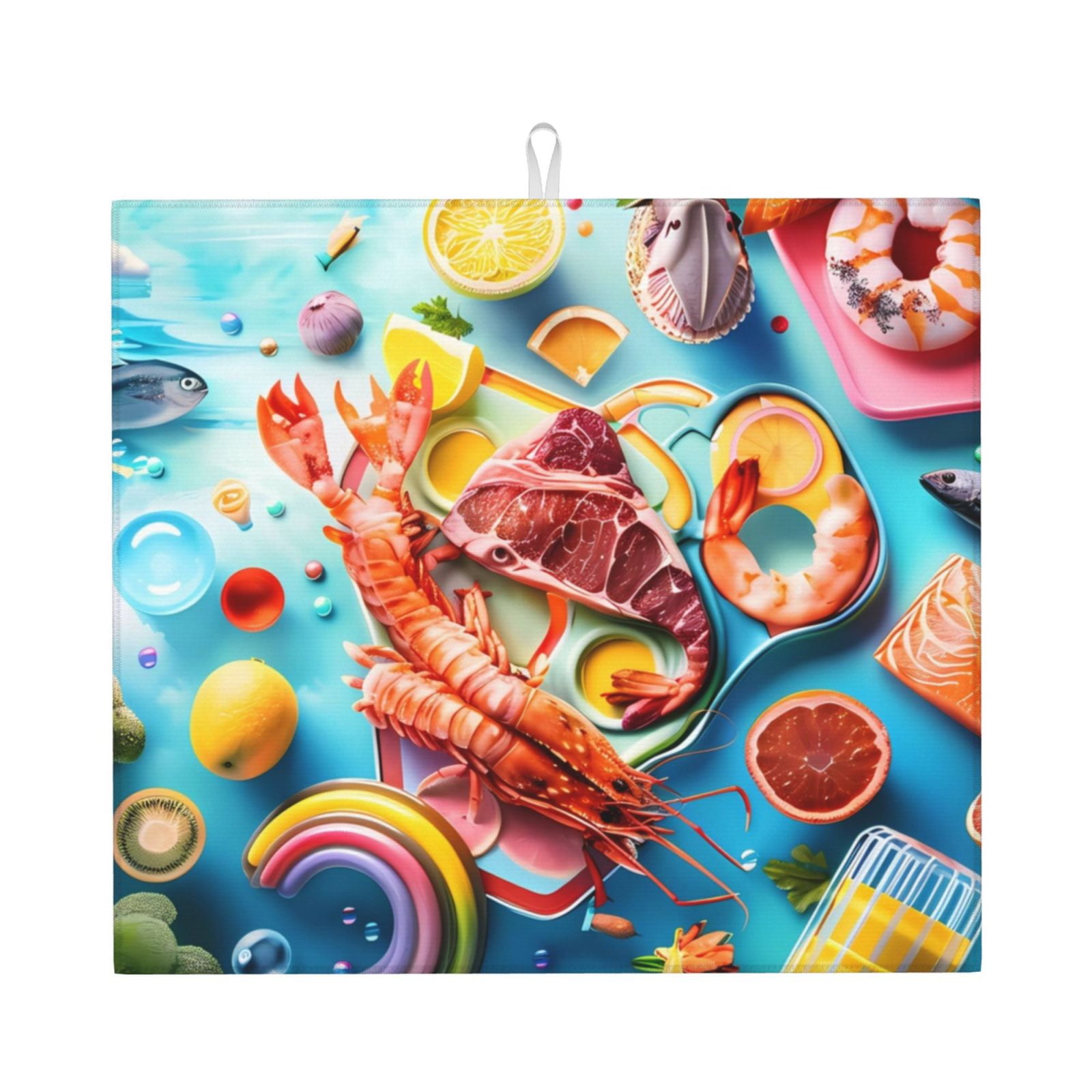 Dish Drying Mat, Surreal Seafood Extravaganza Highly Absorbent Drying ...