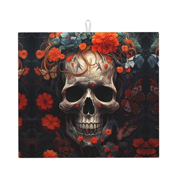 Dish Drying Mat, Vintage Butterfly Flower Skull Highly Absorbent Drying ...