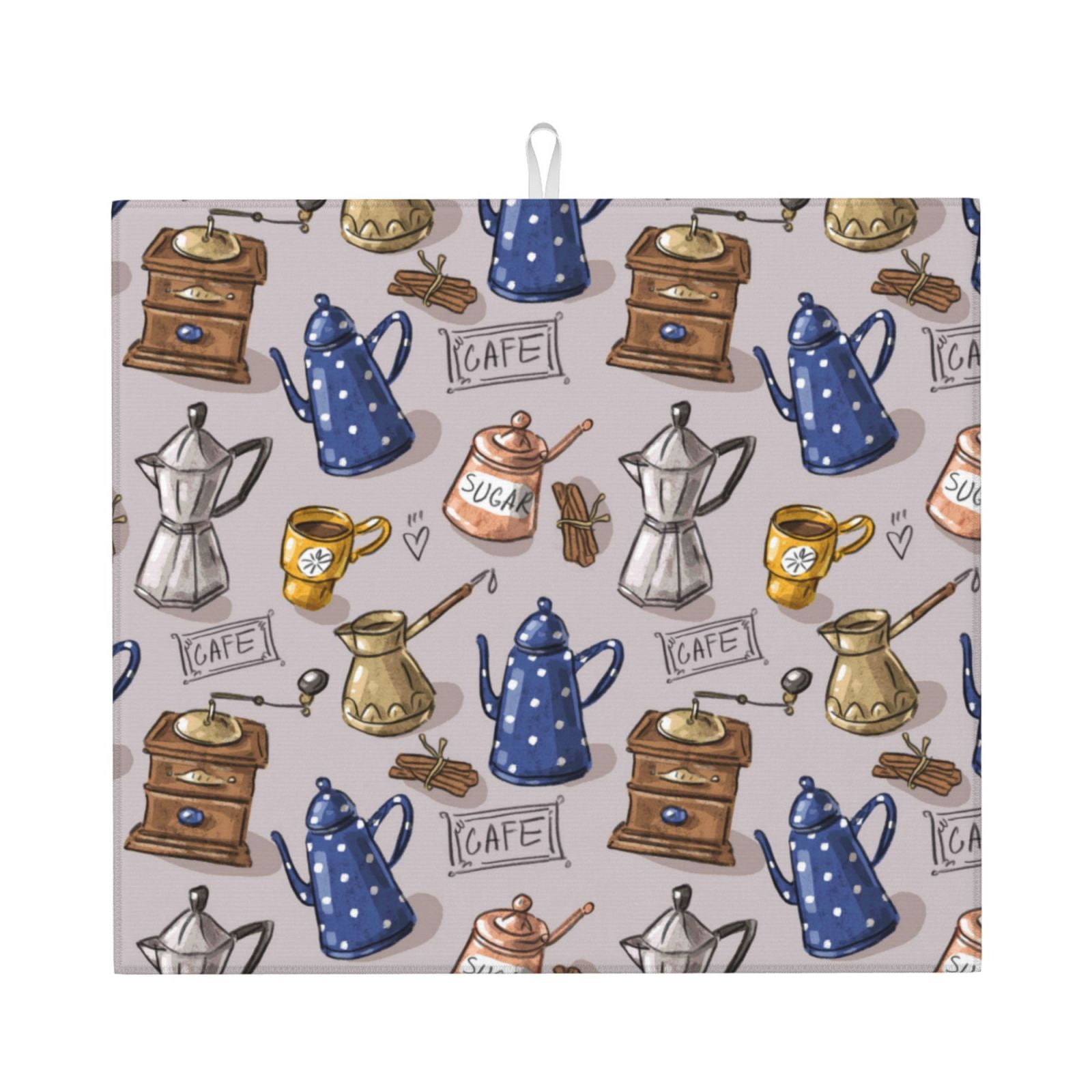 Dish Drying Mat, Vintage Teapot Coffee Grinder Highly Absorbent Drying ...