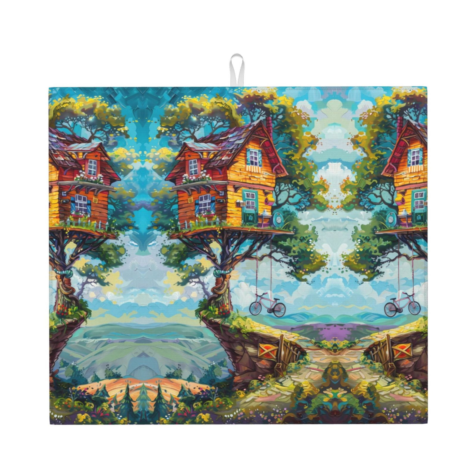 Dish Drying Mat, Whimsical Treehouse Painting Highly Absorbent Drying ...