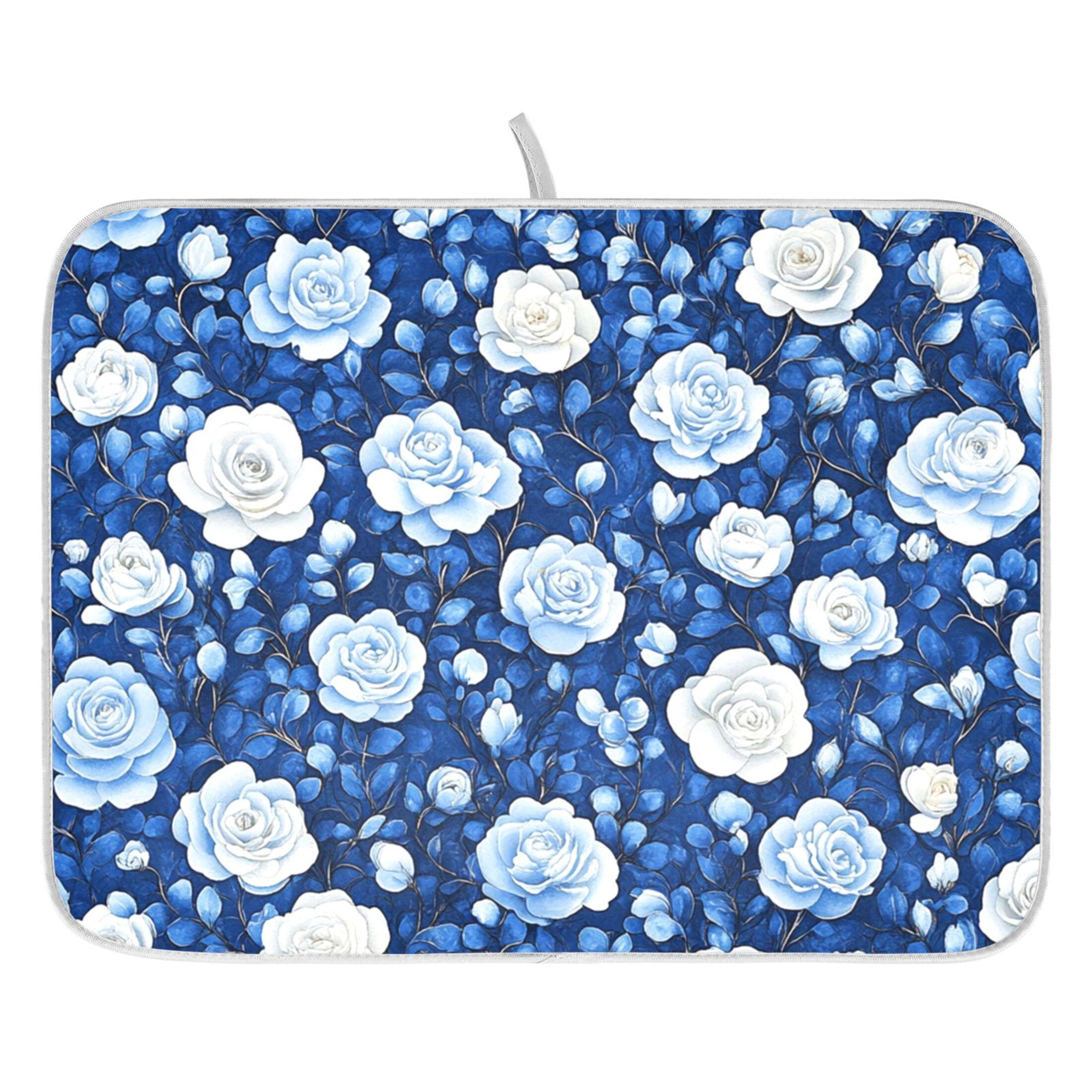 Dish Drying Mat for Kitchen Counter 16x18/18x24 Blue and White Roses ...