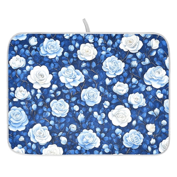Dish Drying Mat for Kitchen Counter 16x18/18x24 Blue and White Roses ...