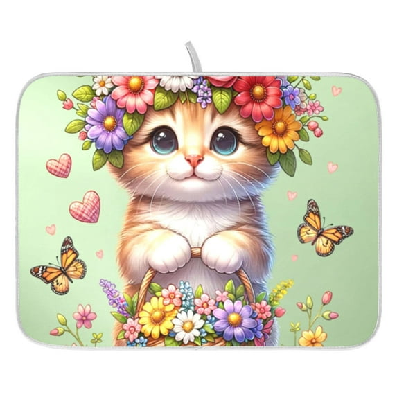 Dish Drying Mat for Kitchen Counter 16x18/18x24 Cat Flower Sage Green ...
