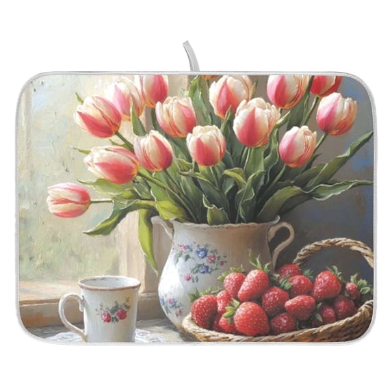 Dish Drying Mat for Kitchen Counter 16x18/18x24 Strawberry Pink Flowers ...