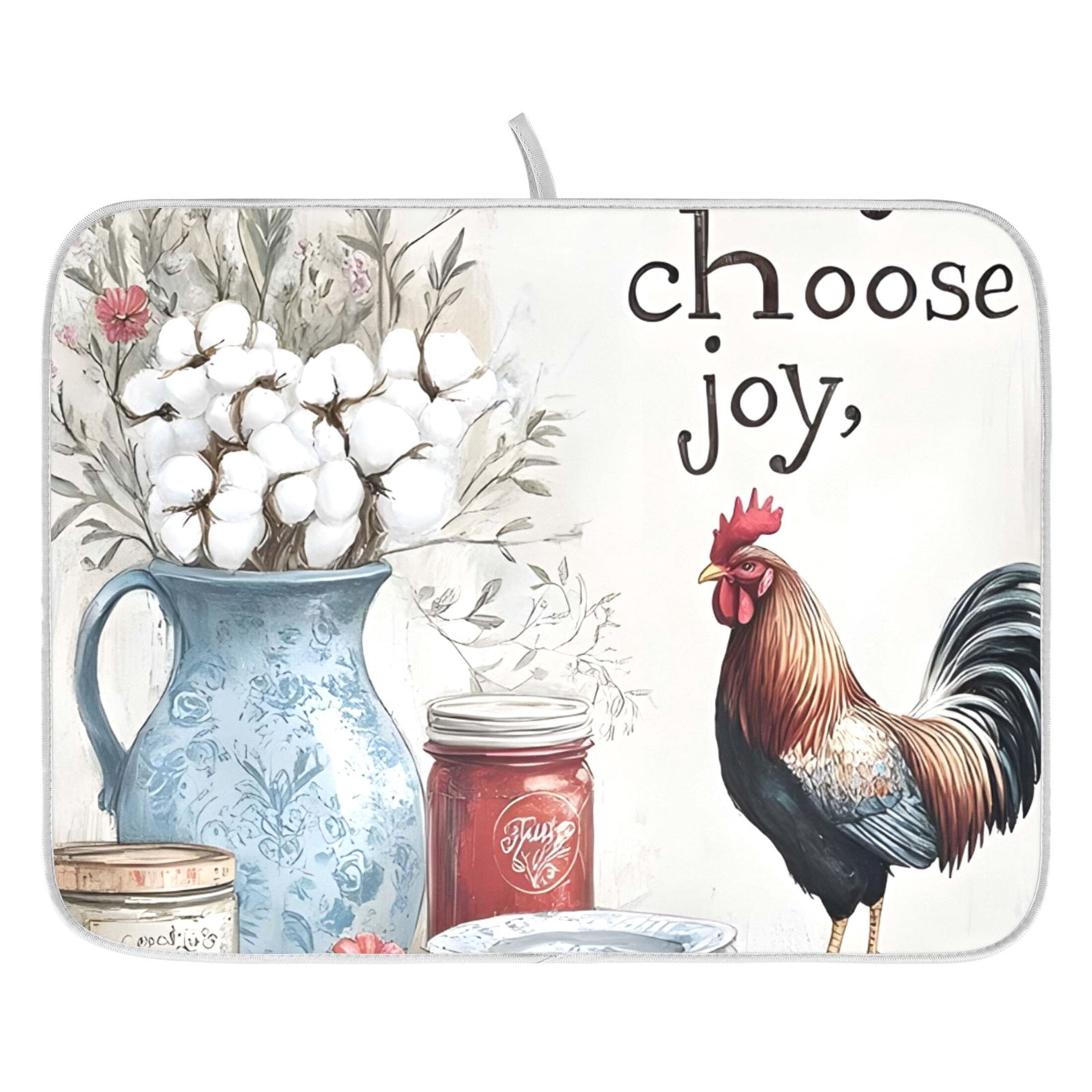 Dish Drying Mat for Kitchen Counter 16x18 Rooster Vase Absorbent Coffee ...