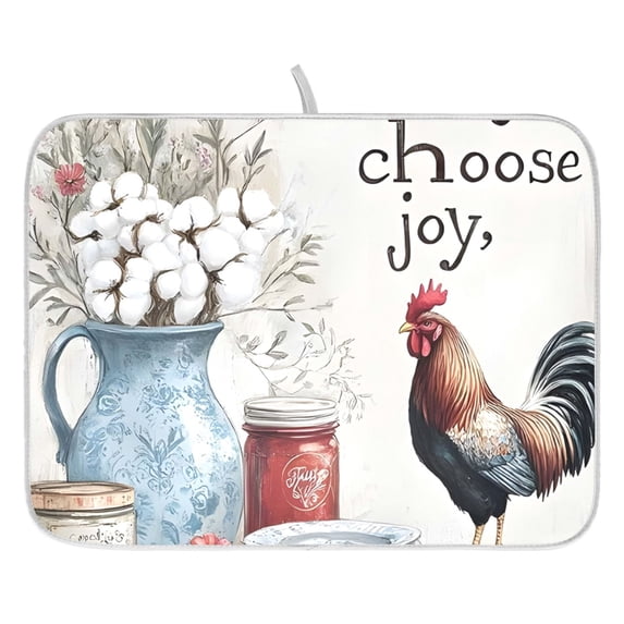 Dish Drying Mat for Kitchen Counter 16x18 Rooster Vase Absorbent Coffee ...