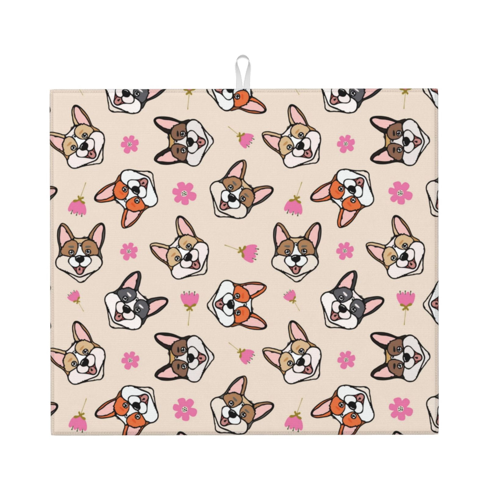 Dish Drying Mats for Kitchen Counter, Cute Corgi Dog Funny Flower ...