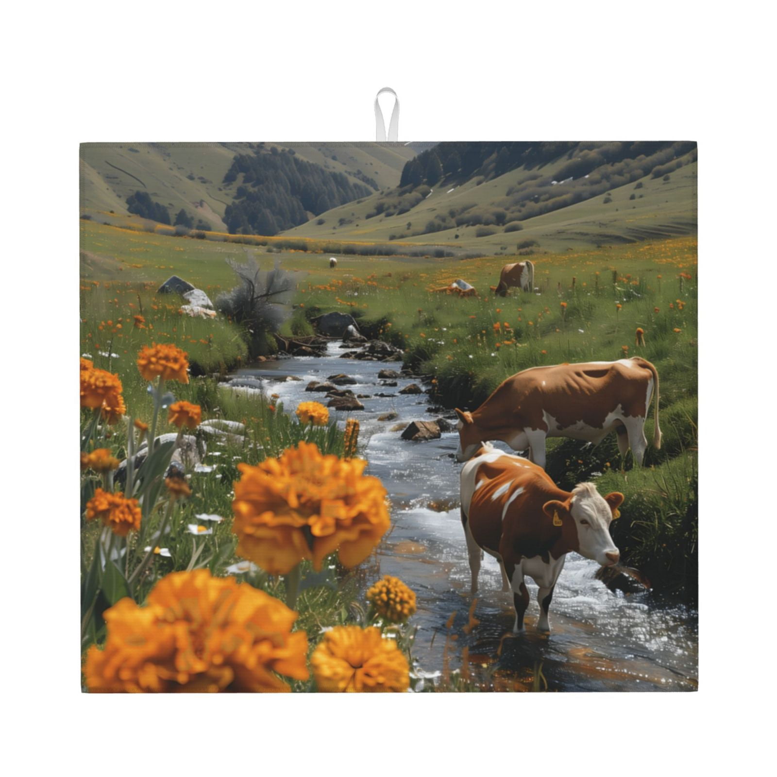 Dish Drying Mats for Kitchen Counter, Mountain Cows Flower Stream 16x18in Dish Drying Pad Coffee ...