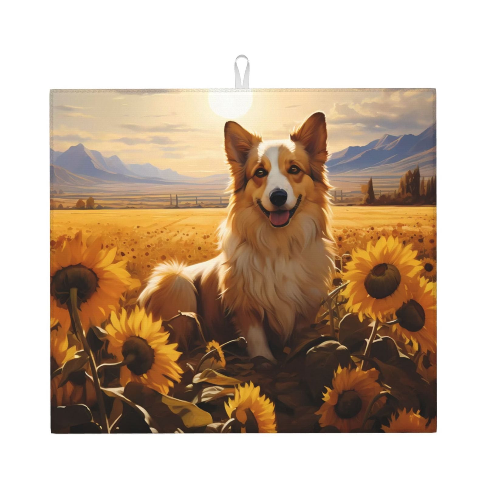 Dish Drying Mats for Kitchen Counter, Pastoral Sunflower Corgi 16x18in ...