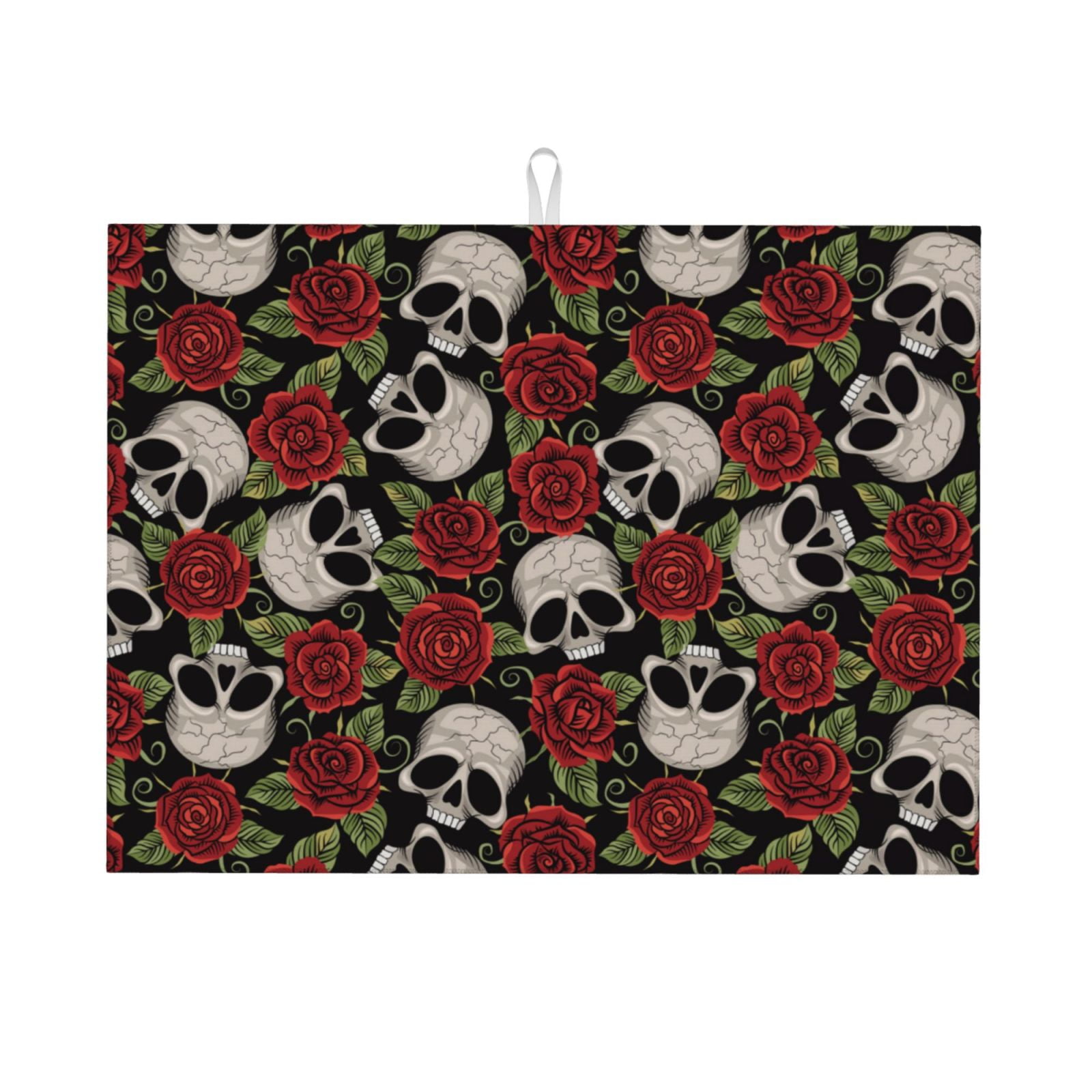 Dish Drying Mats for Kitchen Counter - Red rose skull 18x24in Dish ...