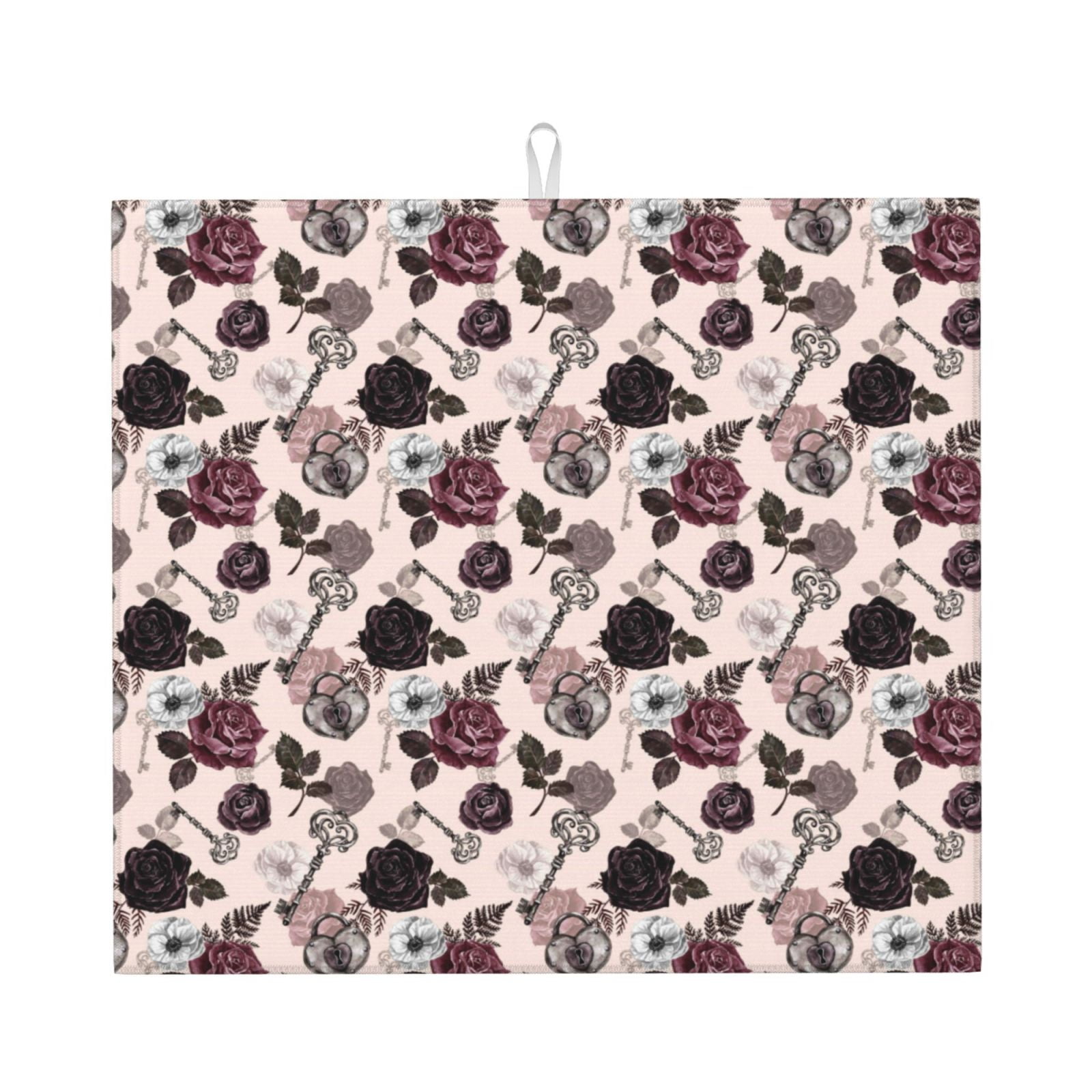 Dish Drying Mats for Kitchen Counter, Retro Red Black Roses 16x18in ...