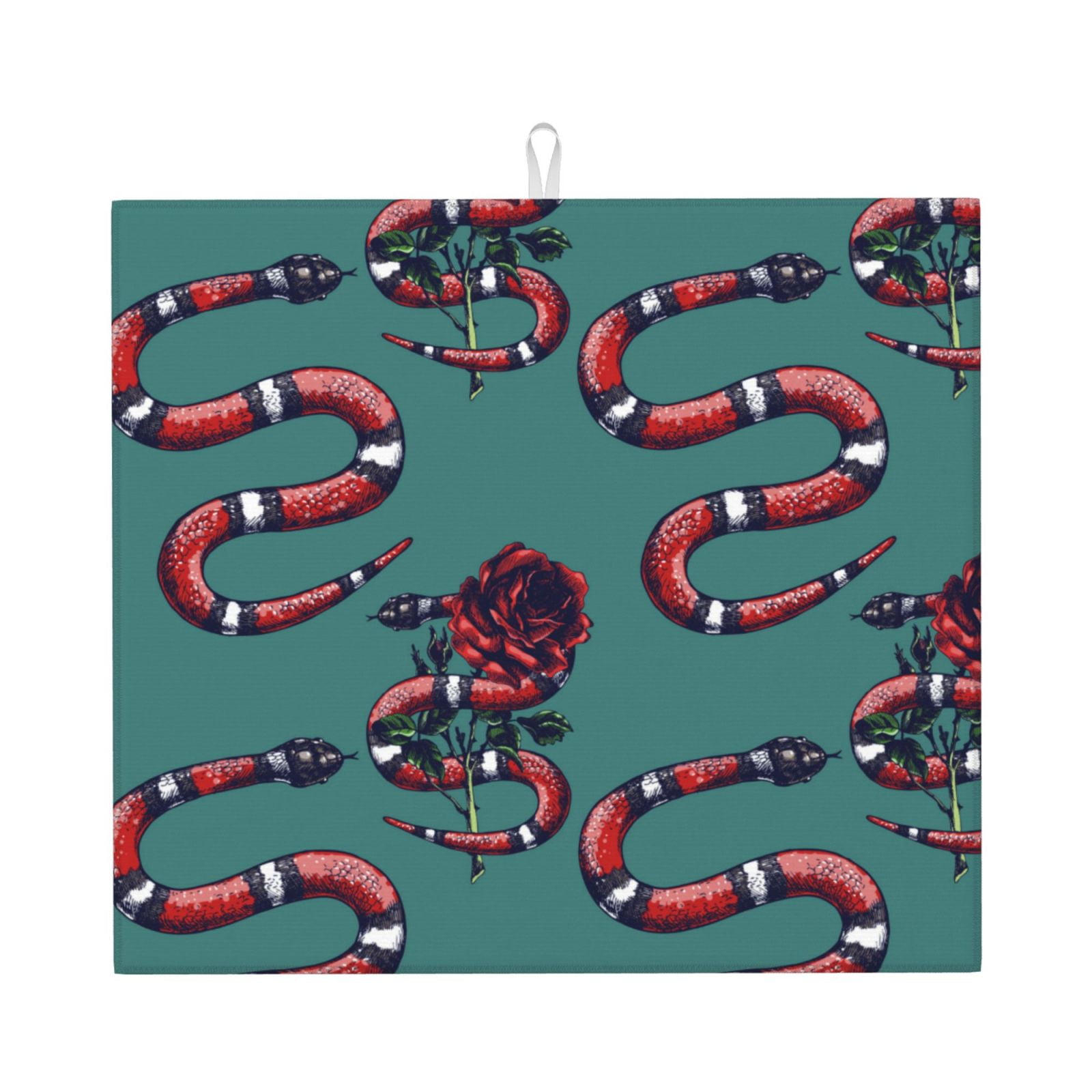 Dish Drying Mats for Kitchen Counter, Rustic Cartoon Snake Red Flower ...
