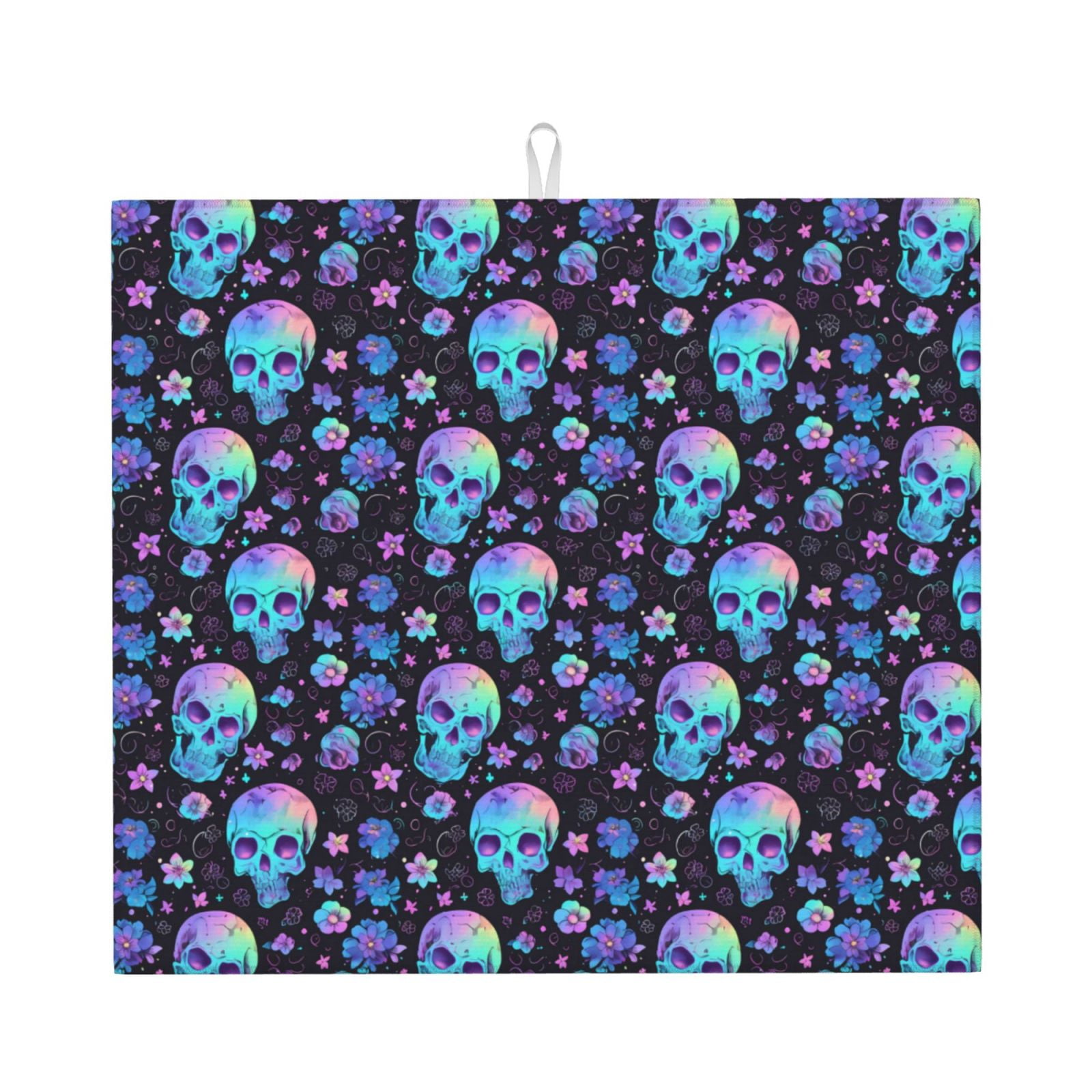 Dish Drying Mats for Kitchen Counter, Skull flower pink blue 16x18in ...