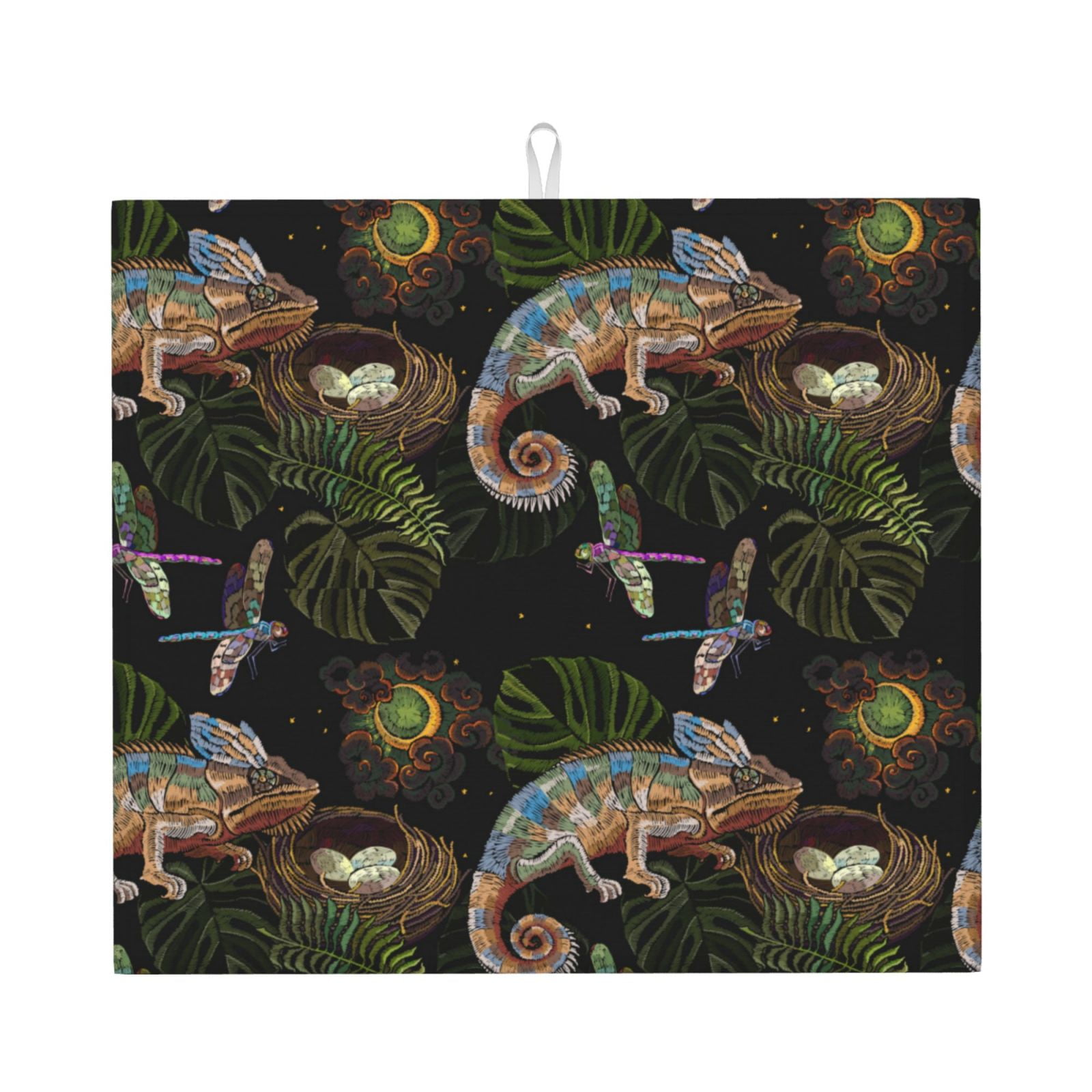 Dish Drying Mats for Kitchen Counter, Surreal Cute Chameleon Dragonfly ...