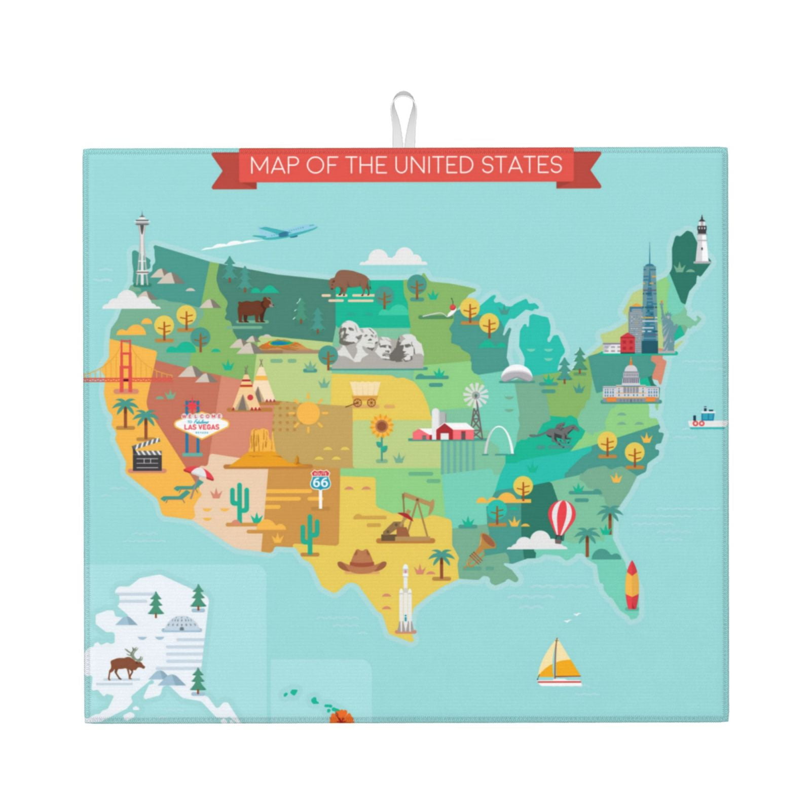 Dish Drying Mats for Kitchen Counter, USA Tourist Map Famous Landmarks ...