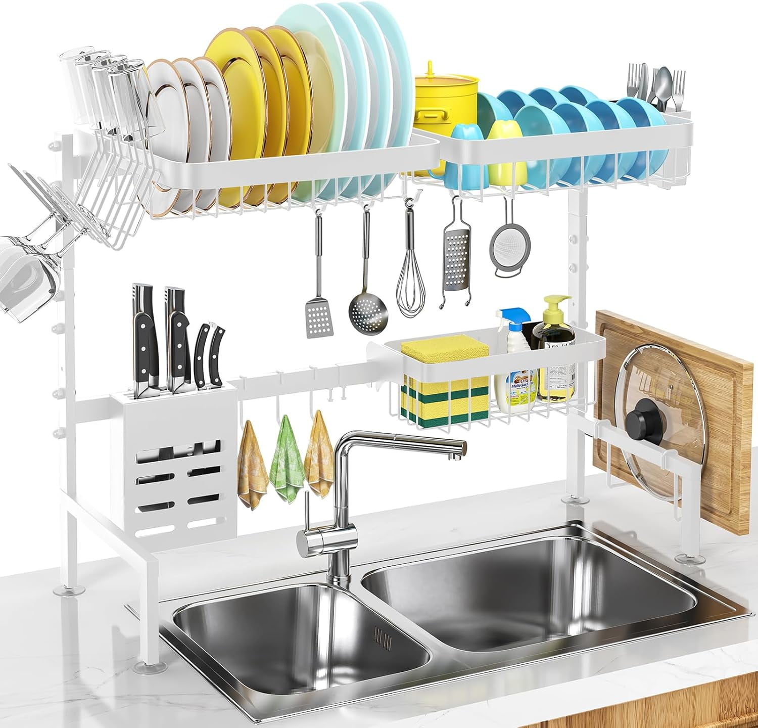 Dish Drying Rack, 2-Tier Adjustable Length (25.6-33.5in), Stainless ...