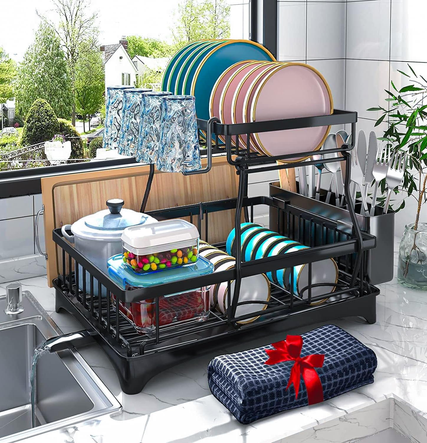 Dish Drying Rack, 2-Tier Dish Rack with Auto-Drain & Mat, Dish Racks ...
